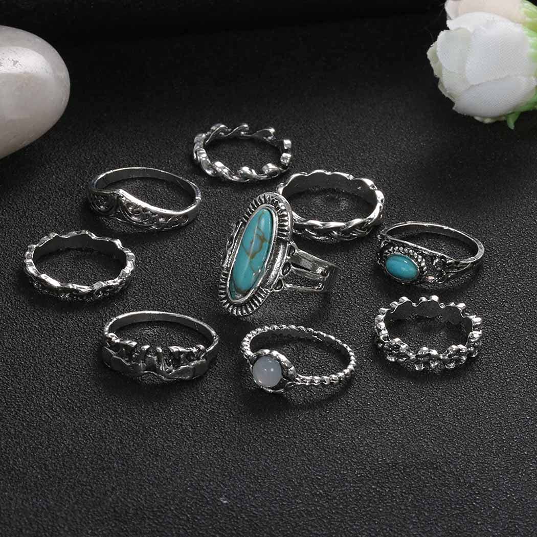 NEEBAOLY 45Pcs Boho Knuckle Rings Set Turquoise Gemstone Vintage Stackable Finger Rings Midi Ring for Women Hollow Carved Flowers Gold&Silver Ring Crystal Joint Rings (Ocean)