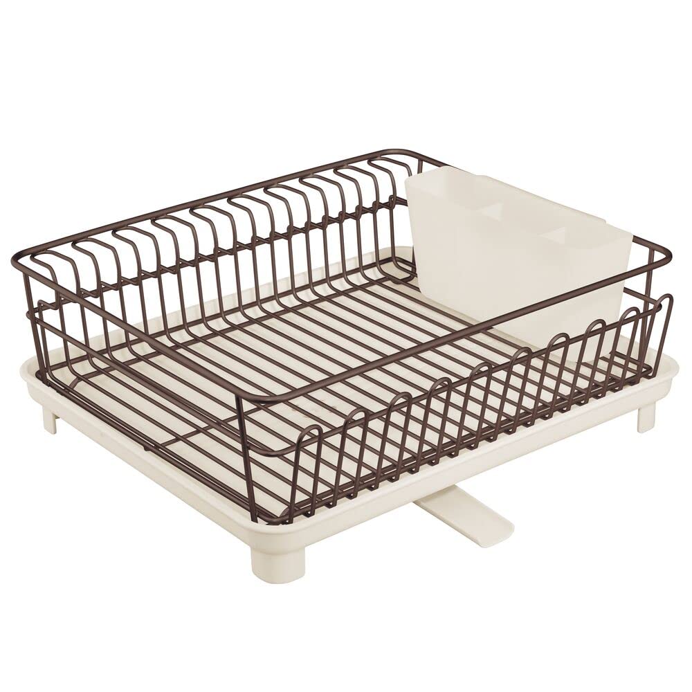 mDesign Metal Wire Kitchen Countertop, Sink Dish Drying Rack - Removable Plastic Cutlery Tray, Drainboard with Adjustable Swivel Spout - 3 Pieces - Bronze/Cream