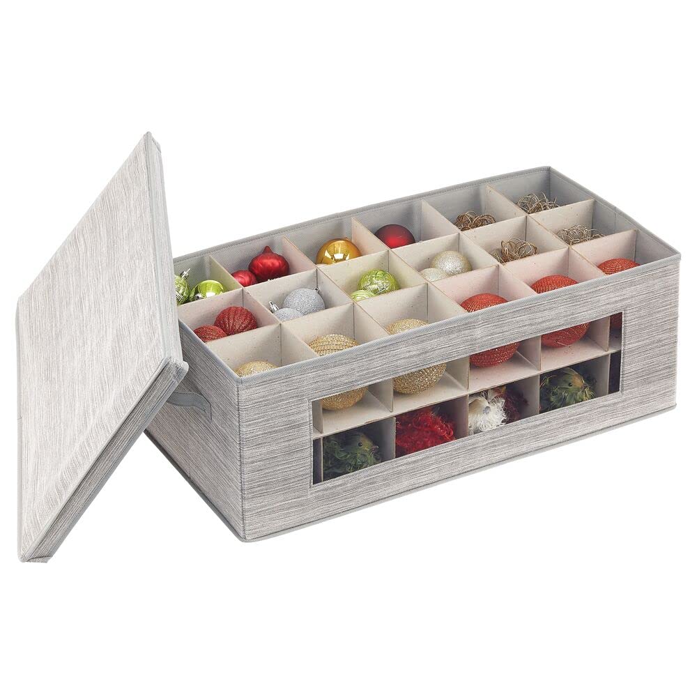 mDesign Large Fabric Storage Box with Lid, Dividers, Front Window - Stackable Storage Organization Containers for Holiday Decorations, Ornament, Wrapping Paper, Lights, Taupe Stripe