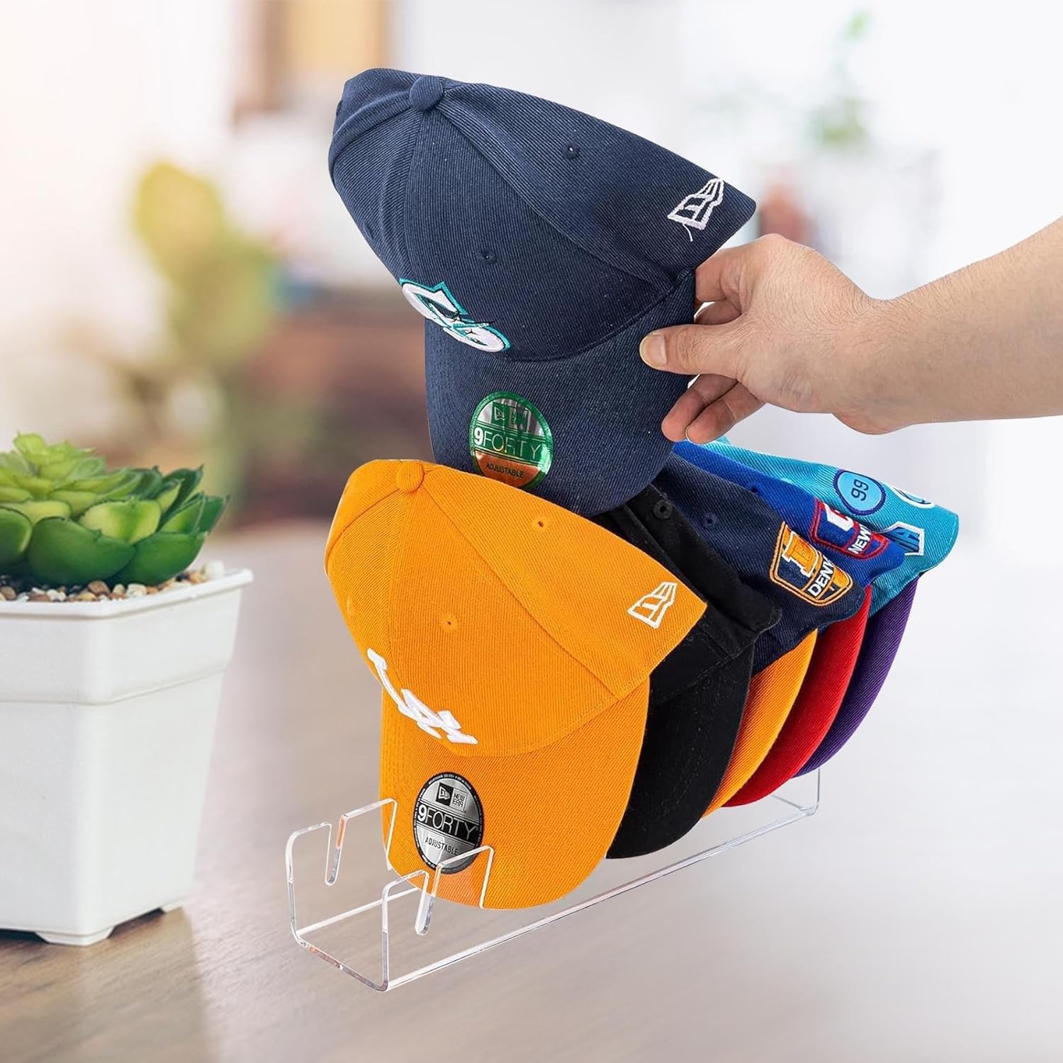 WEERSHUN Hat Stand for Baseball Caps Display and Organizer - 2 Pack, No Install Acrylic Hat Holder for 14 Baseball Caps for Bedroom, Closet, Dresser