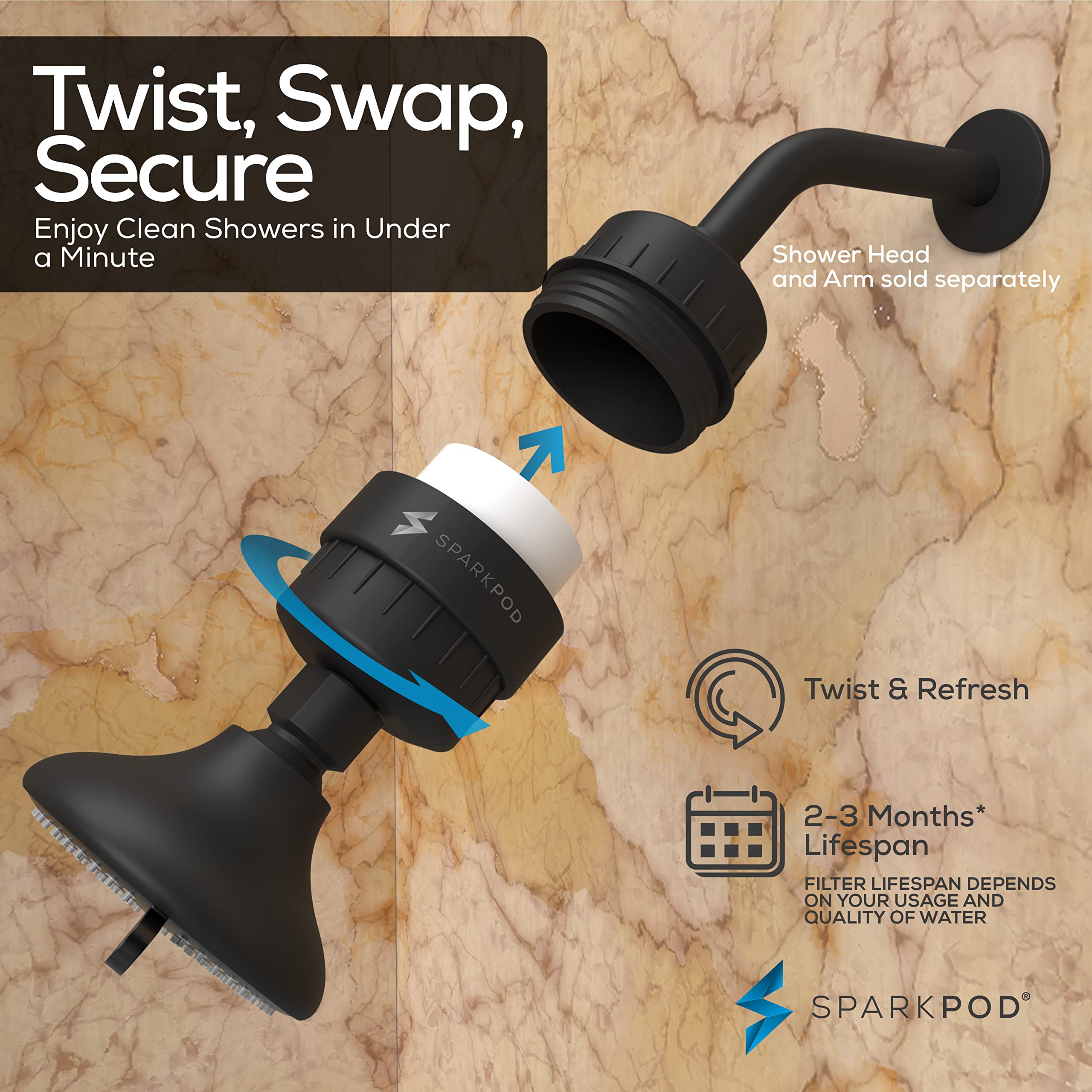 SparkPod High Output Shower Filter Capsule - Suitable for People with Sensitive and Dry Skin and Scalp, Filters Chlorine and Impurities | 1-min install (Midnight Black Matte)