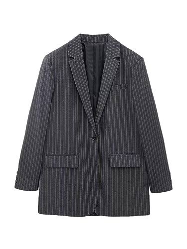 Women Side Pockets Pinstripe Straight Pants Vintage High Waist Zipper Fly Female Trousers S