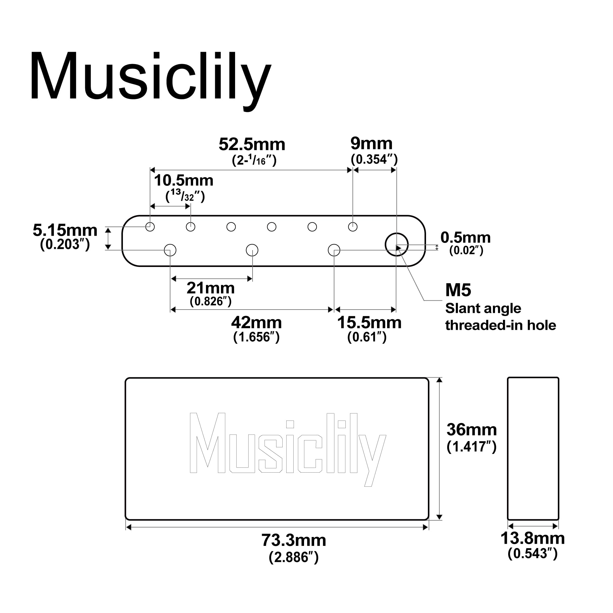 Musiclily Ultra 52.5mm (2-1/16 inch) String Spacing Full Solid Steel Short MIM Style Tremolo Block for China made Squier Pre-2020 Affinity 6-Screw Electric Guitar Bridge, 36mm Tall