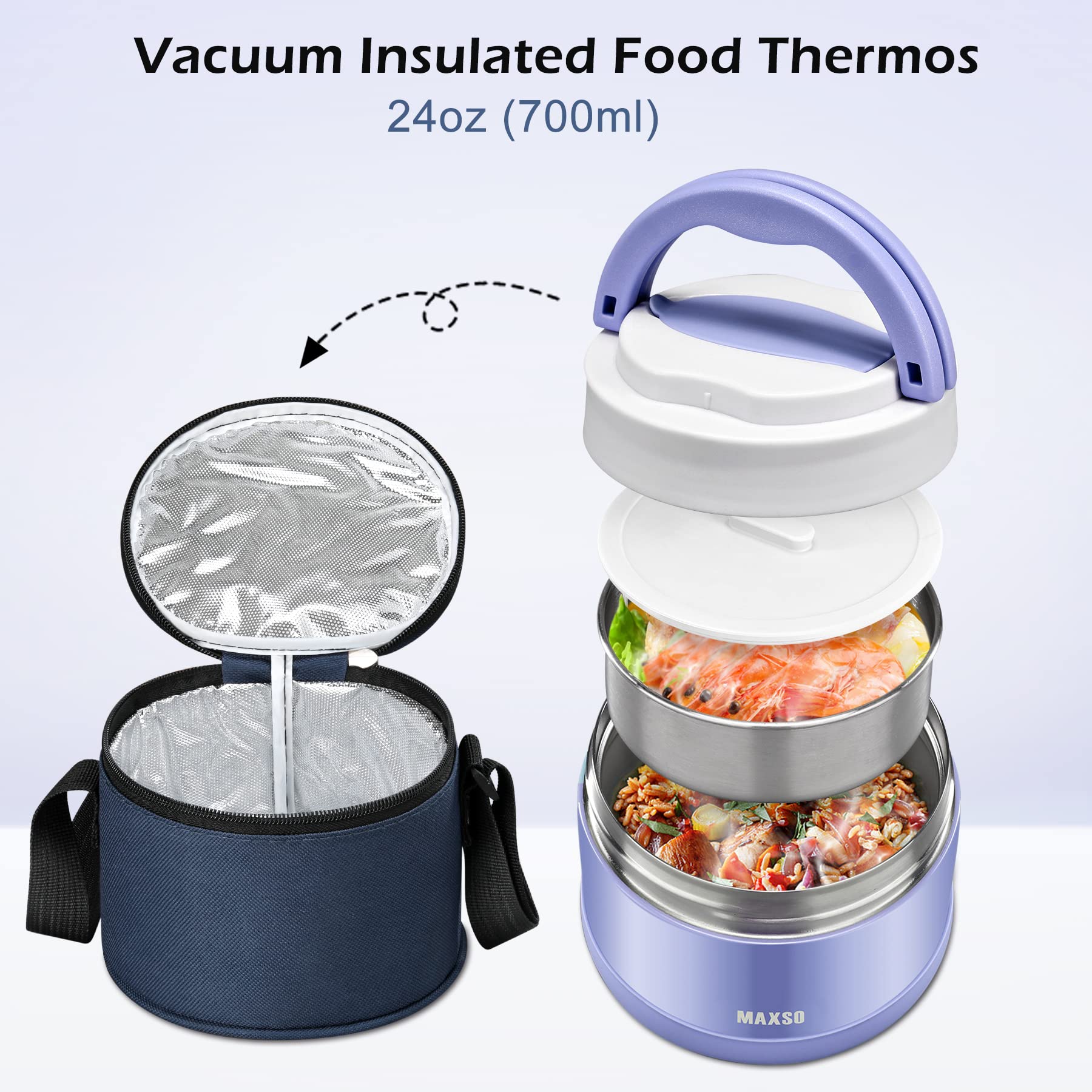 MAXSO Soup Thermo for Hot Food - 24 oz Vacuum Insulated Lunch Container with Foldable Spoon & Thermal Bag, Wide Mouth Bento Box for Adults (Purple)