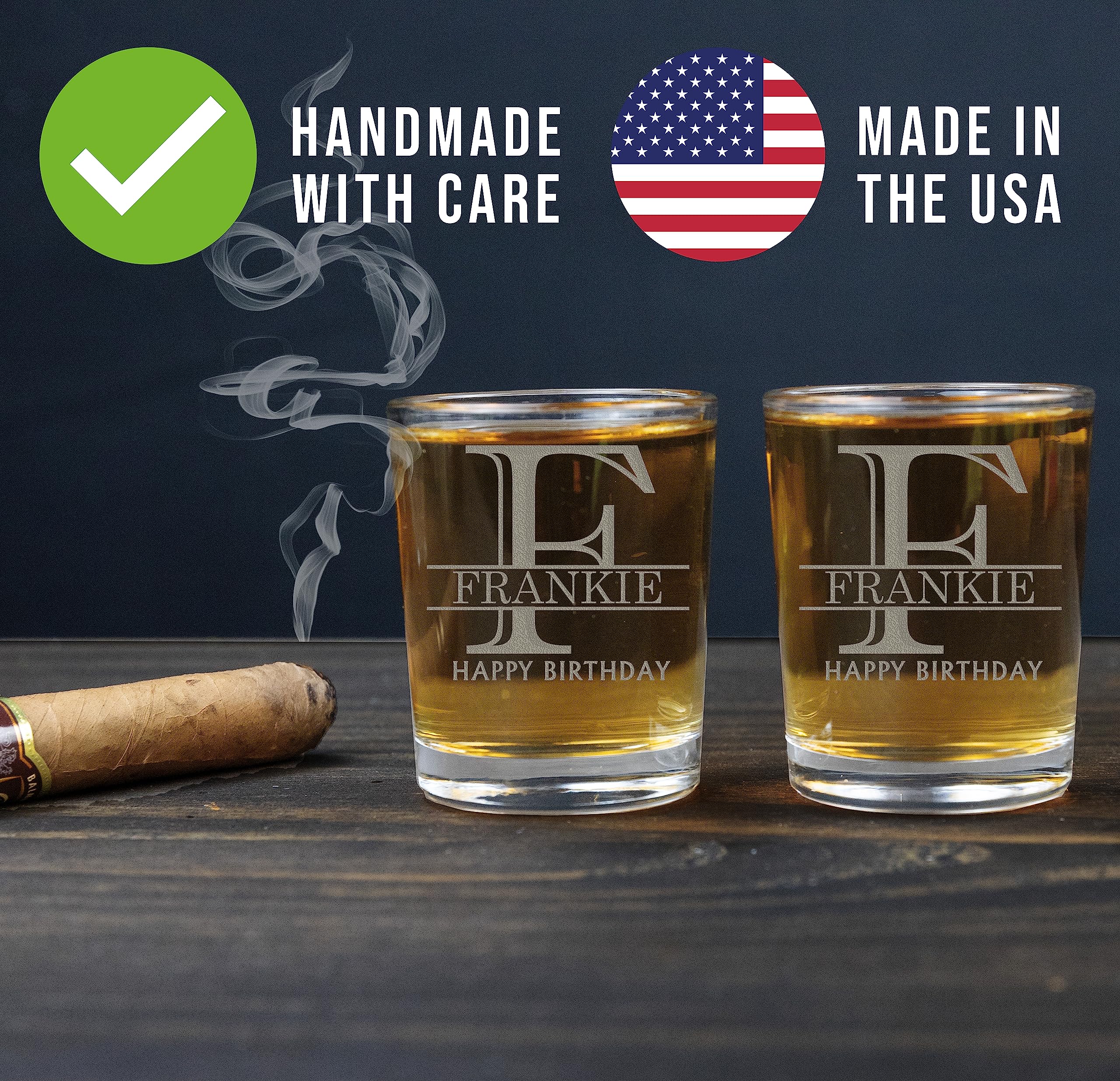 Personalized 2pk; set of two Engraved 2.5oz Shot Glass, Custom Etched Shot Glasses, Groomsmen, Customized Bridesmaid, Wedding Favors, Customized Birthday Gifts, Anniversary, Cute, Halpert Monogram