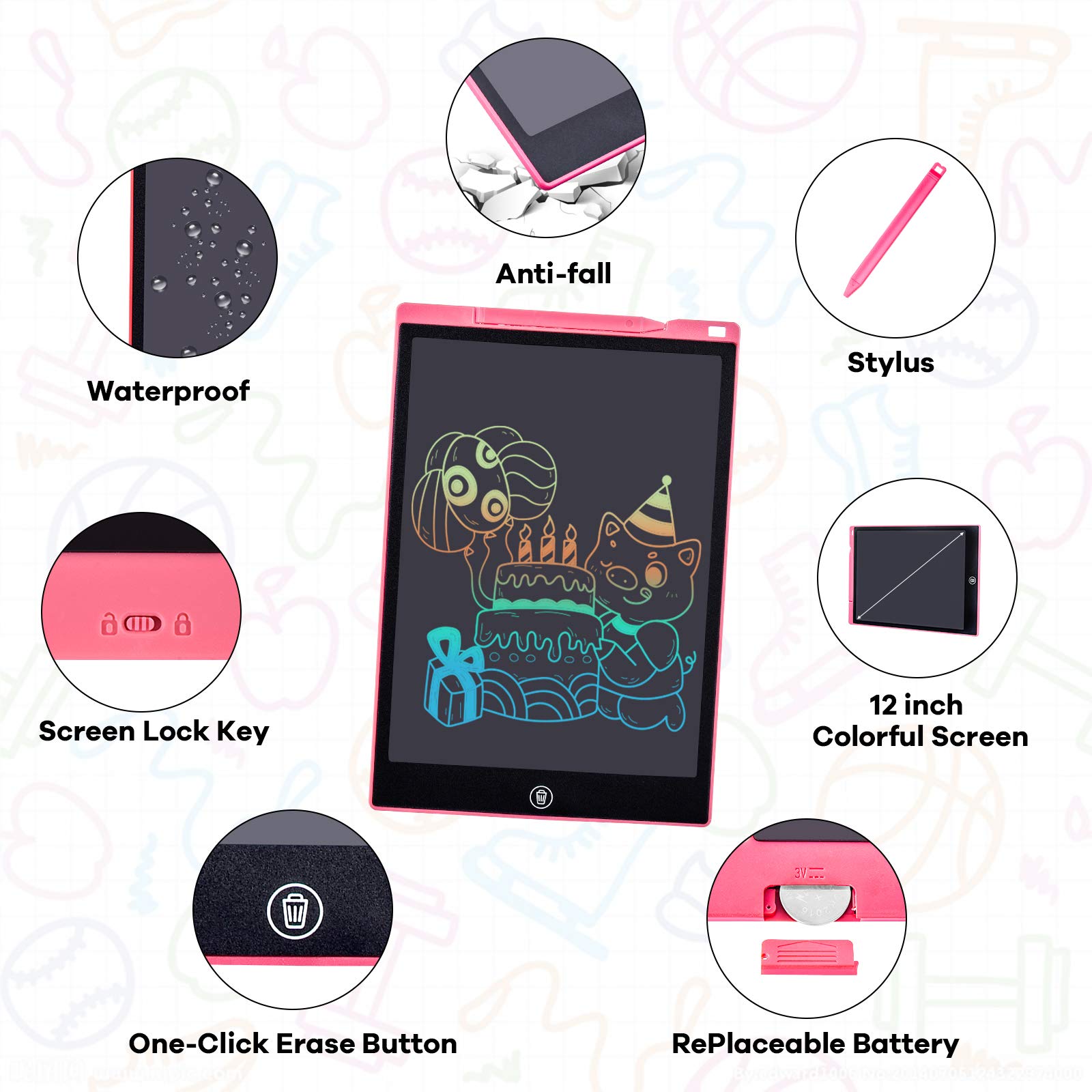 LCD Writing Tablet for Kids, 12 Inch Colorful Doodle Board Toddler Learning Toys, Christmas Birthday Gift for 3 4 5 6 7 8 9 Years Old Girls Boy