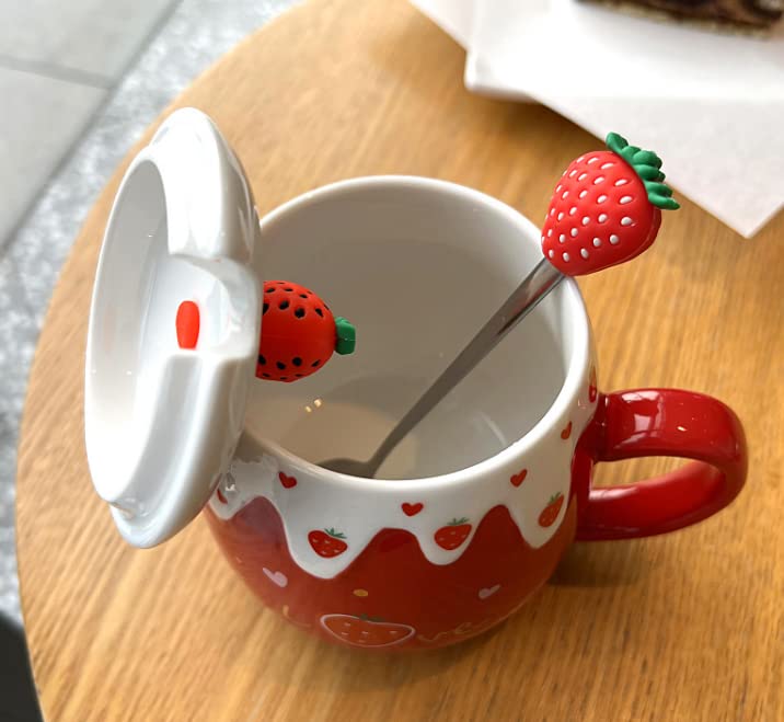 Mozacona Ceramic Mug Strawberry Love Coffee Cup Water Cup with Strawberry Lid and Spoon