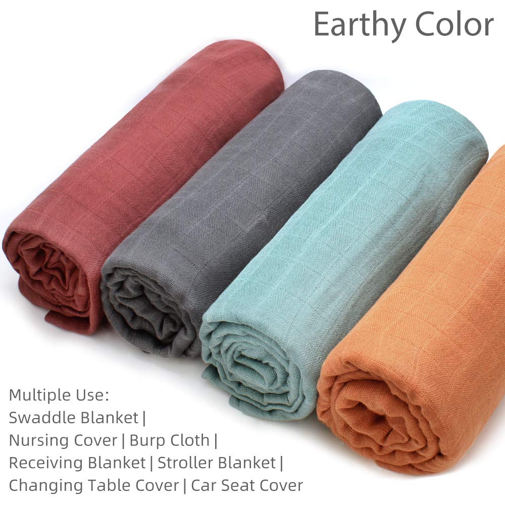 LifeTree Muslin Swaddle Blankets, Soft Solid 4 Pack Baby Swaddle Blankets Muslin Receiving Blanket Wrap for Boys & Girls, Large 47 x 47 inches, Earthy Rust Color Baby Swaddling