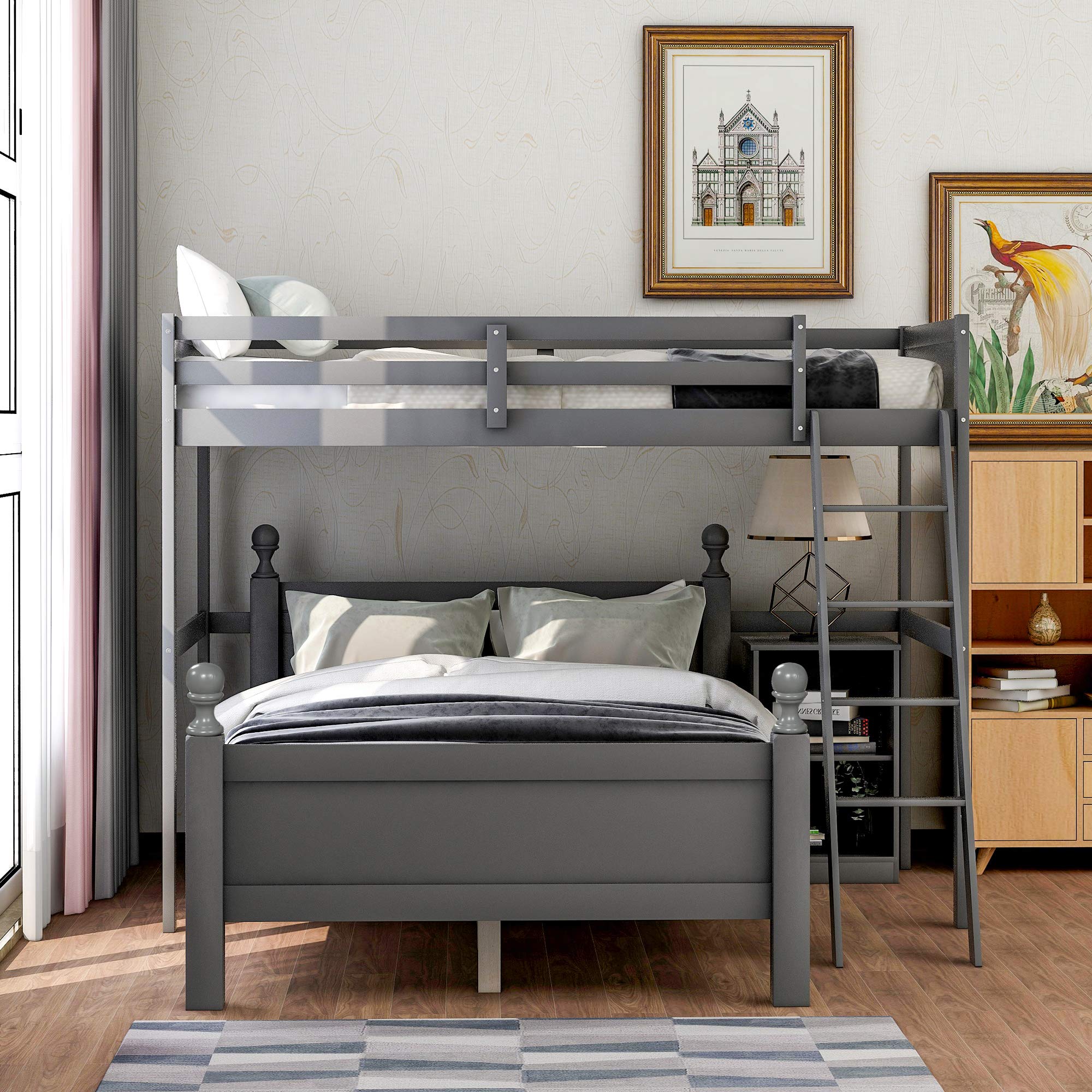 MERITLINE Twin Over Full Loft Bed for Kids, Wood Bunk Bed Twin Over Full with Night Stand L Shaped Twin Over Full Loft Bunk with Guardrail and Ladder