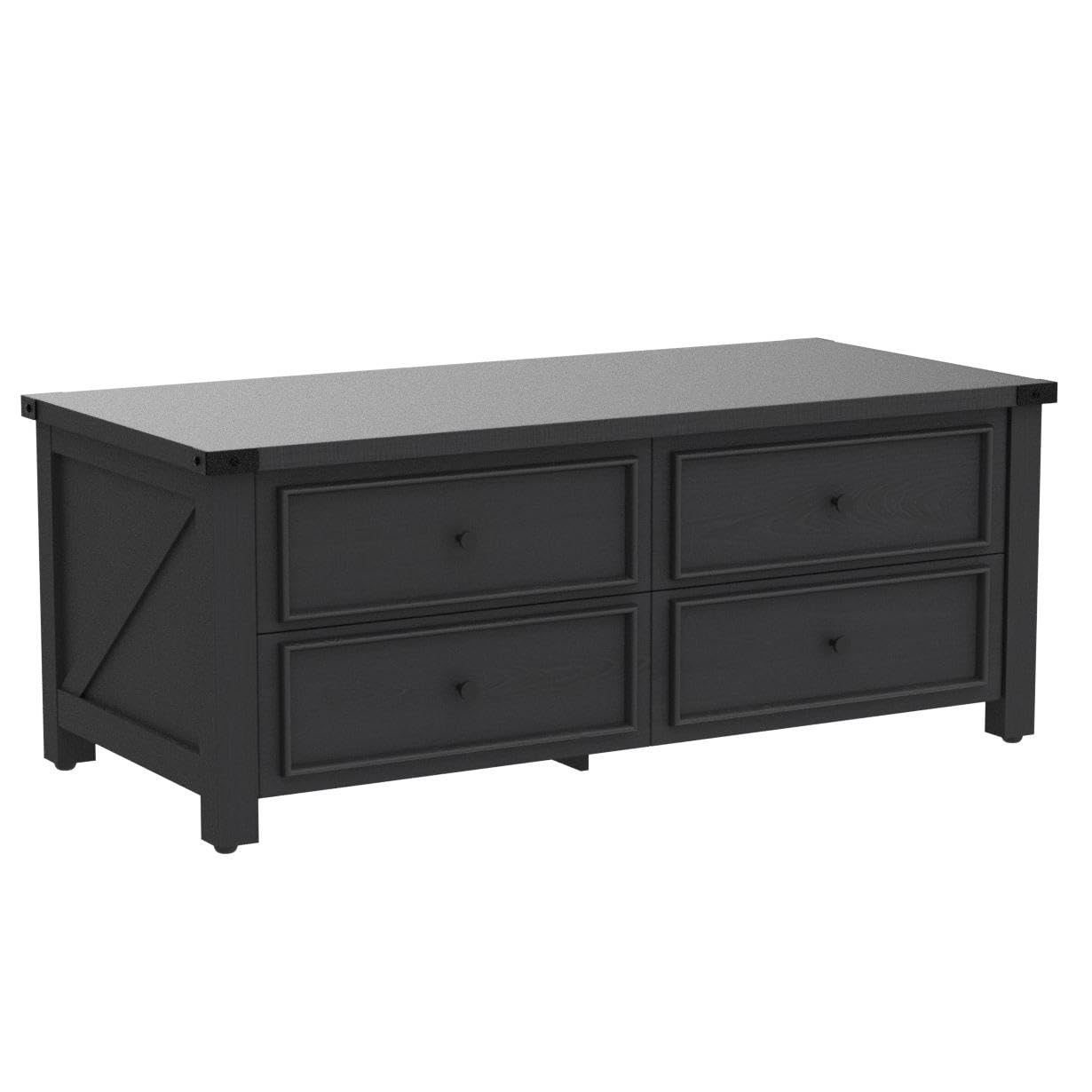 JXQTLINGMU 48” Farmhouse Coffee Table with 4 Large Storage Drawers, Modern Center Table with Barn Door for Living Room, Office, Rustic Rectangle Cocktail Table(Black)