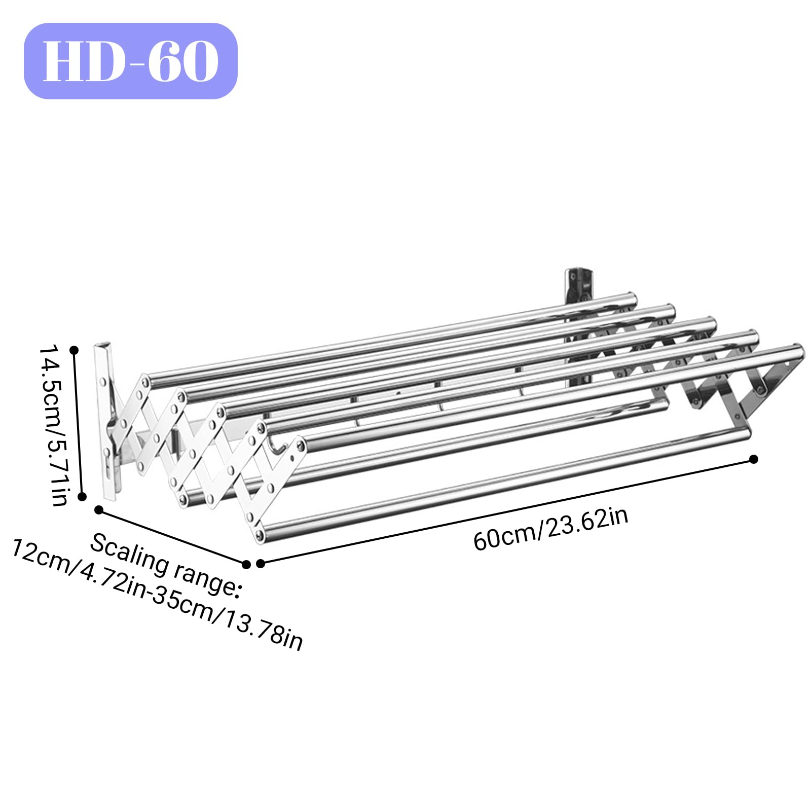 Yowmina Clothes Drying Rack Wall Mounted, Foldable Wall Drying Rack with 5 Hooks, Retractable Hanging Drying Rack with 7 Drying Rods, Space-Saving Stainless Steel Accordion Laundry Rack (23.6in)