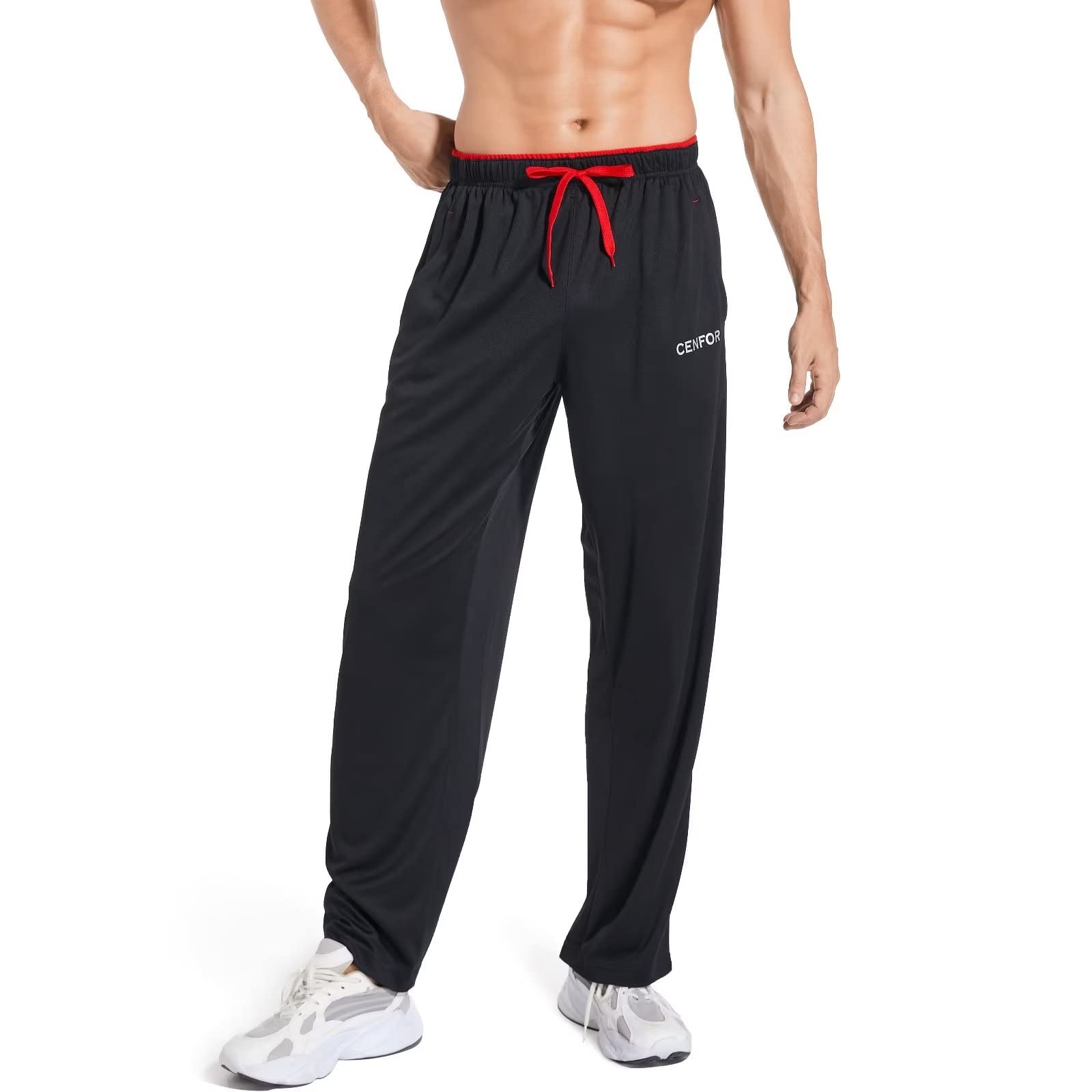 SPEEDME Mens Lightweight Sweatpants Loose Fit Open Bottom Mesh Athletic Pants with Pockets for Workout,Running,Training,Jogging,Gym Black Red XL