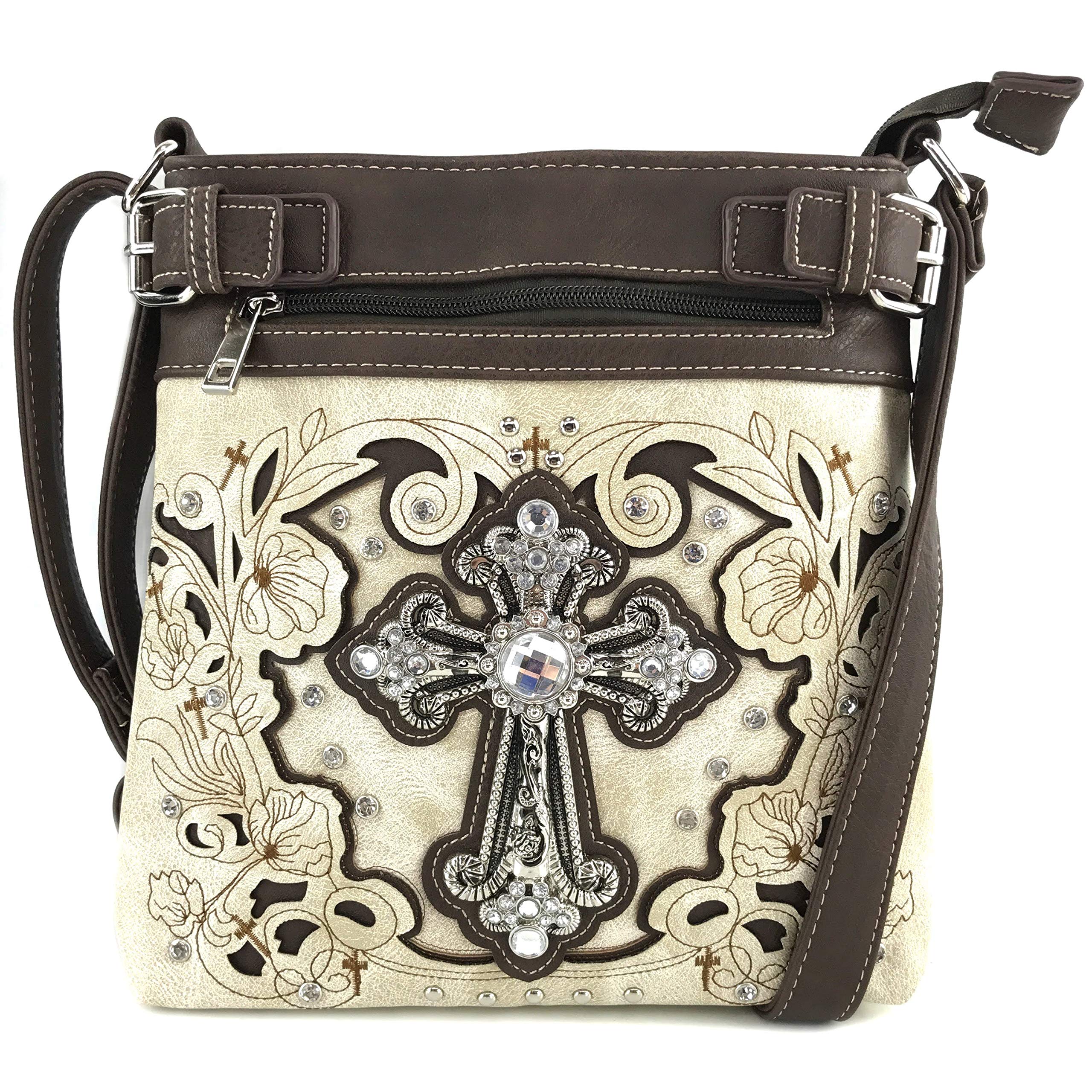 Justin West Embroidery Floral Cross Rhinestones and Studs Tote Shoulder Concealed Carry Handbag Messenger Purse (Pewter Handbag)