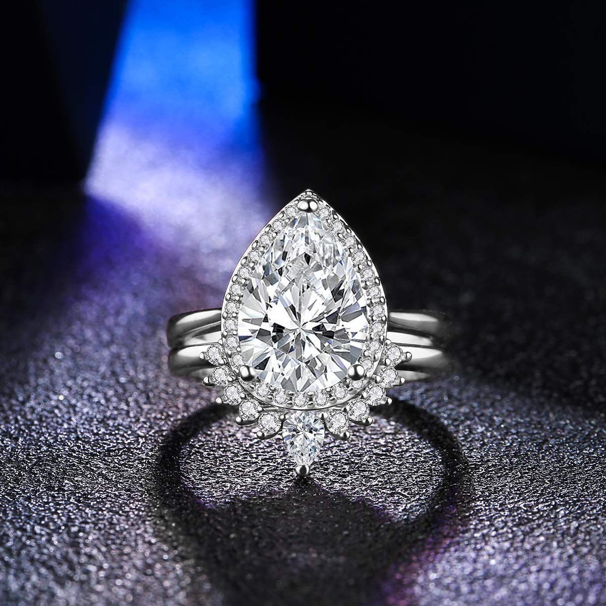 LAZLUVU 4.85 Carat Teardrop Cubic Zirconia Rings Set Wedding Engagement Promise White Gold Stackable Ring for Women Mothers Rings Gift Size 5