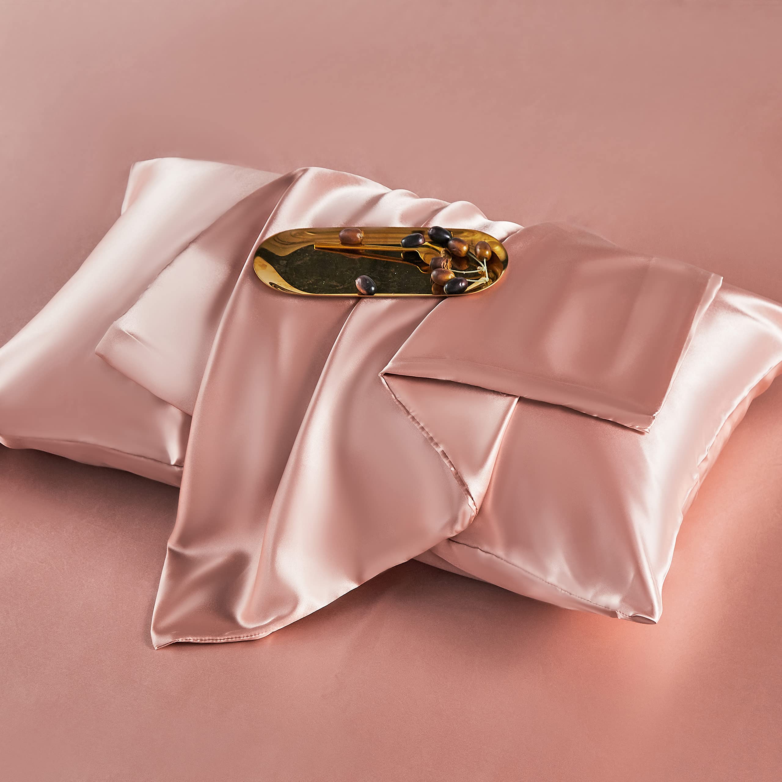 Koreyoshi 4 Pcs Satin Sheets Full - Luxury Silk Silky Super Soft Extra deep Pocket Full Sheet Sets - Wrinkle & Fade Free - Deep Pocket Fitted Sheet, Flat Sheet, Pillow Cases (Pink Champagne, Full)