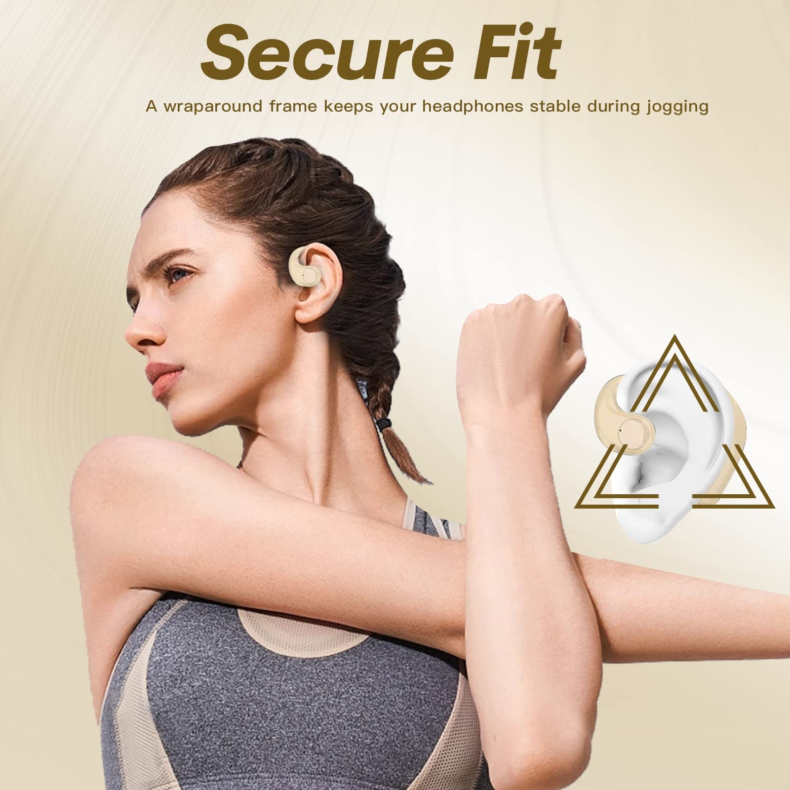 Xmenha,Wrap Around Over Open Ear Earbuds Bone Conduction Open Ear Headphones Running Sport Workout Wireless Earbuds with Earhooks Mic Gym Sports Ear Buds Running Workout Bluetooth Earbud,Beige