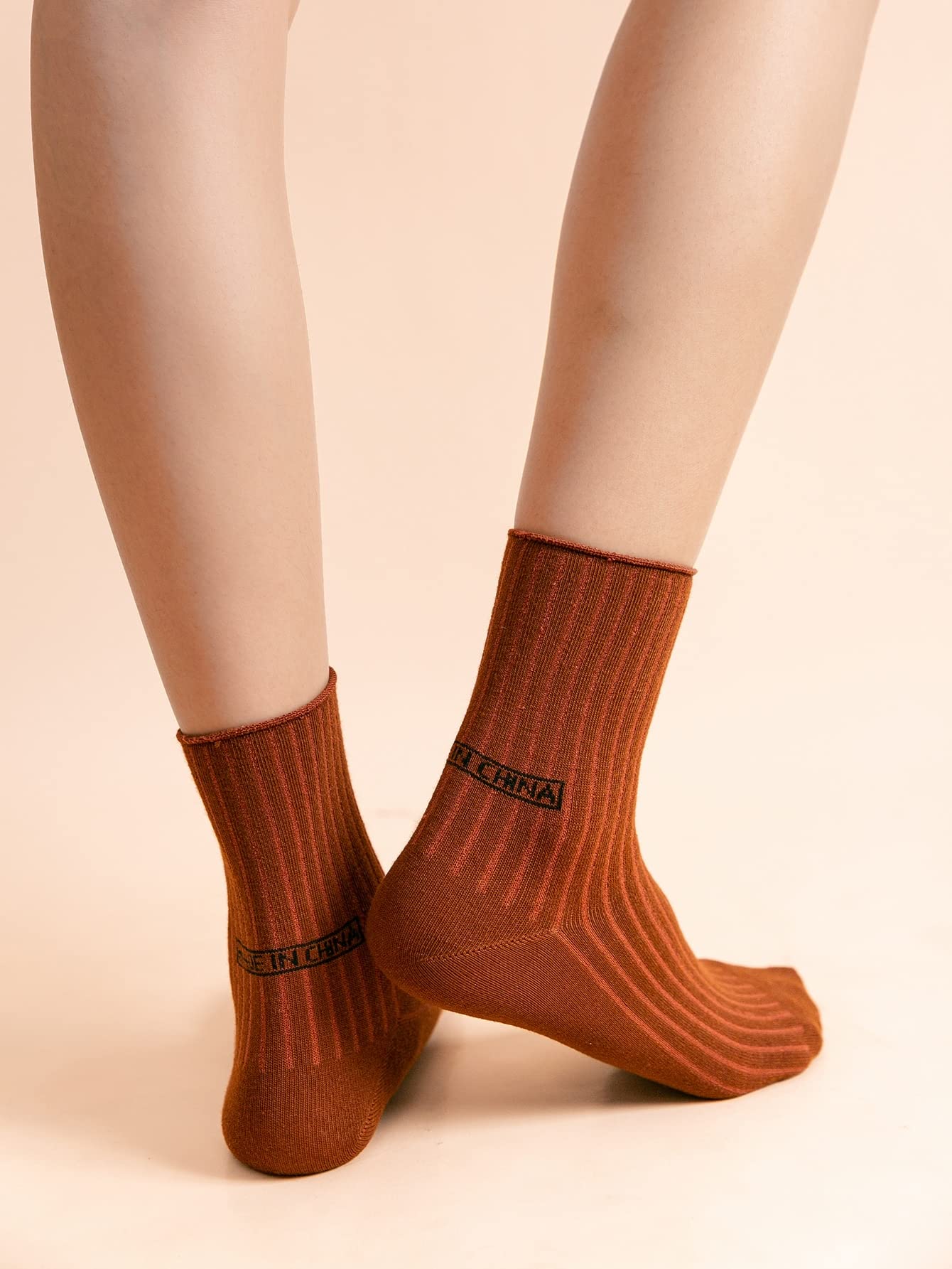 SHENHE Women's 5 Pairs Ribbed Knit Athletic Running Cushioned Mid Calf Crew Socks Multicolor Brown One Size