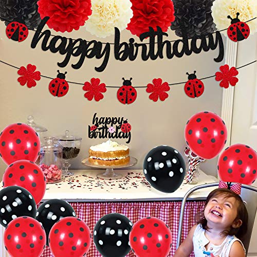Ohiviaaa Ladybug Birthday Decorations Ladybird Happy Birthday Banner Ladybeetle Cake Topper Black Red Latex Balloon Pom Pom Flowers for Ladybug Theme Bday Party Supplies