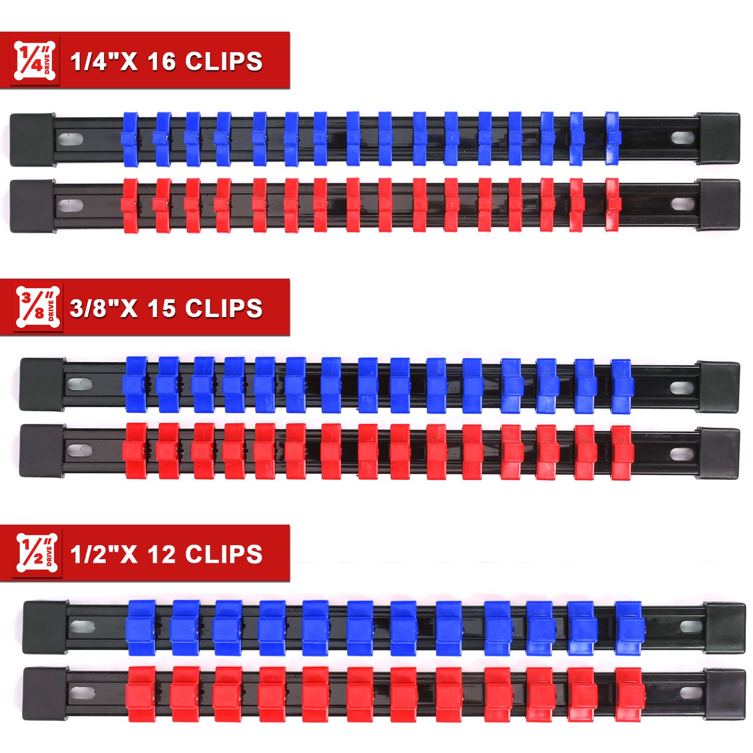 Mayouko ABS Socket Organizer Drive Socket Holder, 1/4” Drive x 32 Clips, 3/8” Drive x 30 Clips, 1/2” Drive x 24 Clips,Portable Socket Clip Rail Holder, 6 Pieces Set