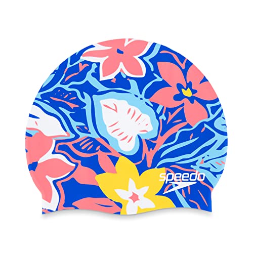 Speedo Unisex-Adult Swim Cap Silicone Elastomeric, Floral Dazzling Blue, One Size