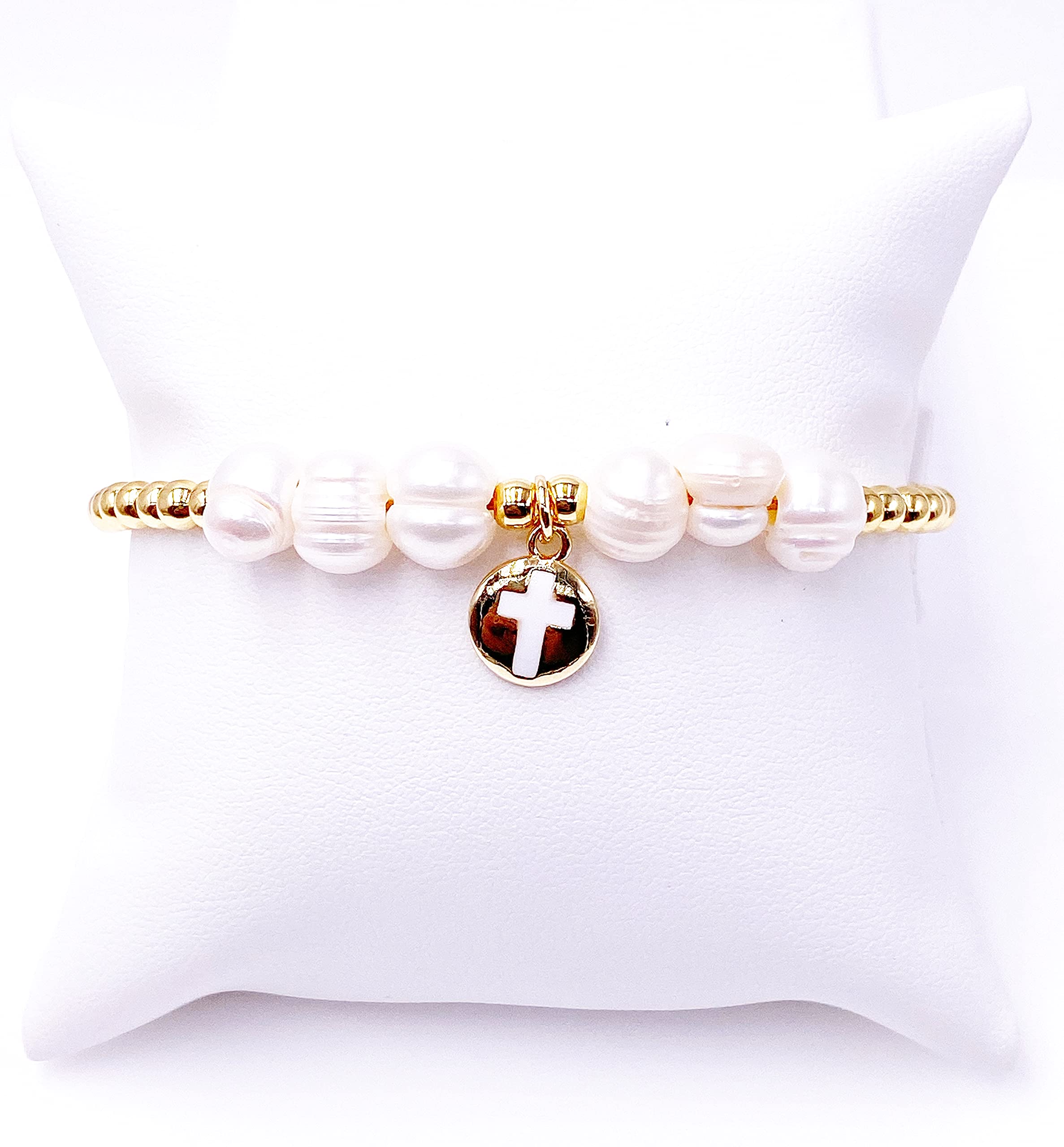 LESLIE BOULES 18K Gold Plated Round Cross Pendant Baroque Bracelet for Women Catholic Jewelry