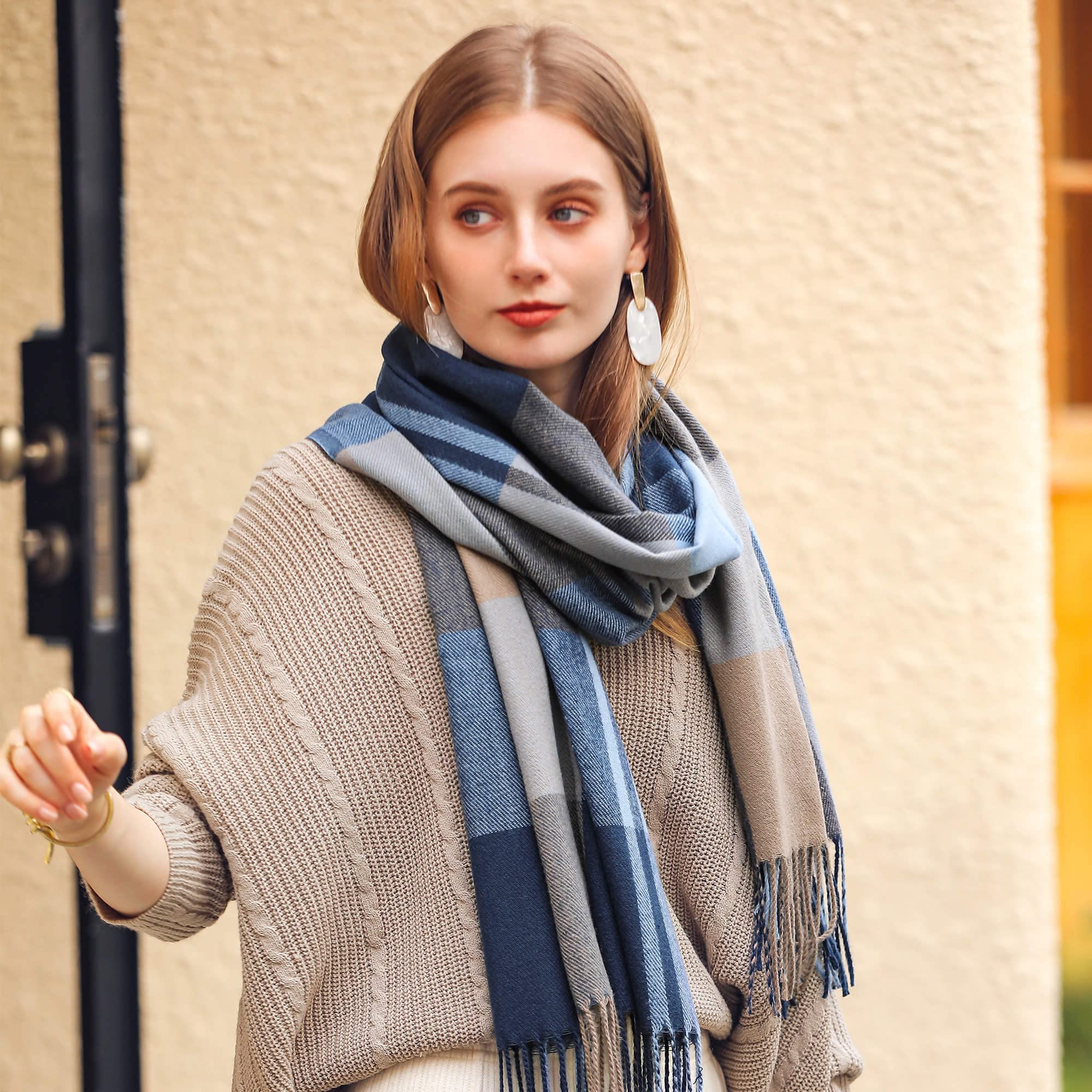 SPELLTIVE Classic Tassel Plaid Soft Cashmere Feel Womens Scarf (Blue Plaid)