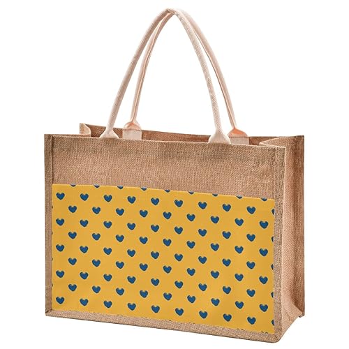 Jute Burlap Tote Love Hearts Watercolor Valentine's S Day Yellow Large Beach Bag Reusable Grocery Shopping Storage Bag