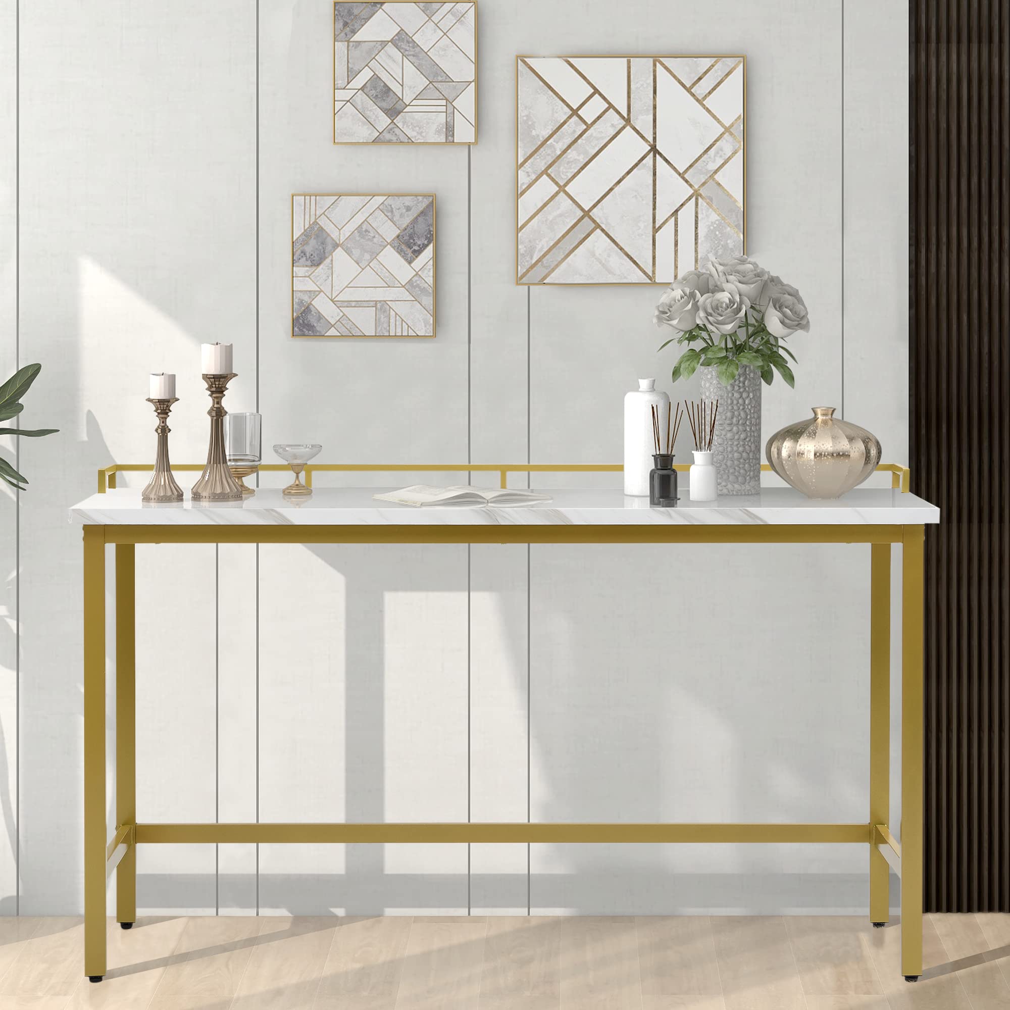 LCH Modern Style 4-Piece Counter Height Extra Long Metal Console Table Bar Kitchen Set with 3 Fabric Stools for Dining Room,Pub and Bistro,Breakfast Nook,Easy to Assemble,Gold+Beige