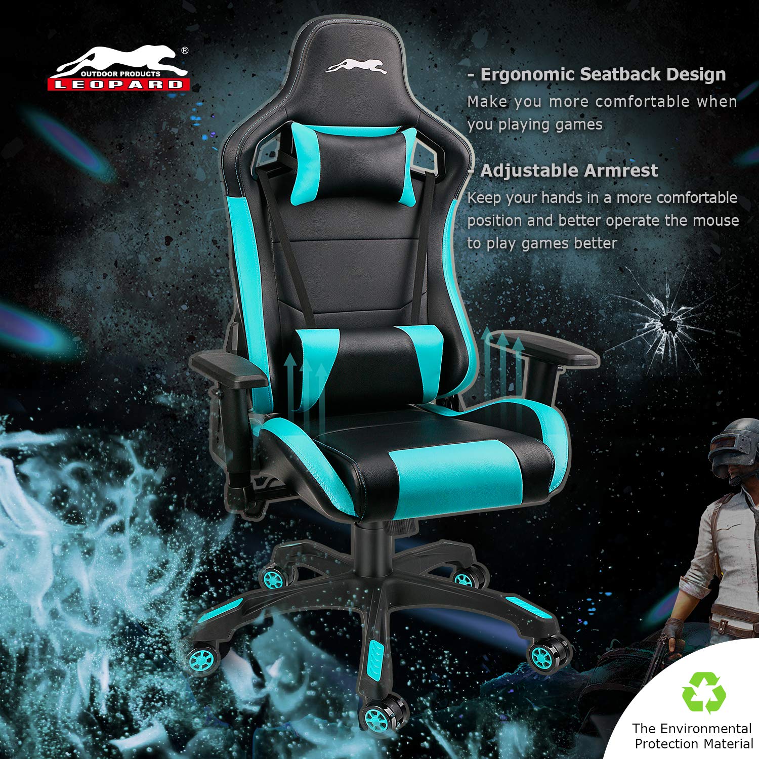 Leopard Gaming Chair, High Back PU Leather Office Chair, Adjustable Video Gaming Chairs, Swivel Racing Chair with Adjustable Armrest (Black/Light Blue)