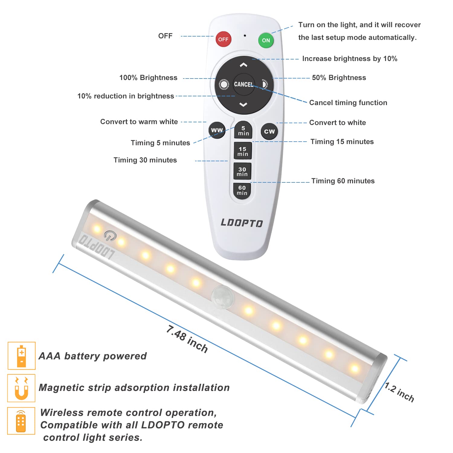 LDOPTO Under Cabinet Lights Wireless Battery Operated LED Closet Lights Without Wiring Counter Stick on Lights with Remote Timer Dimmable for Kitchen Shelf Hallway Stairs, Multiple Colors 4 Pack