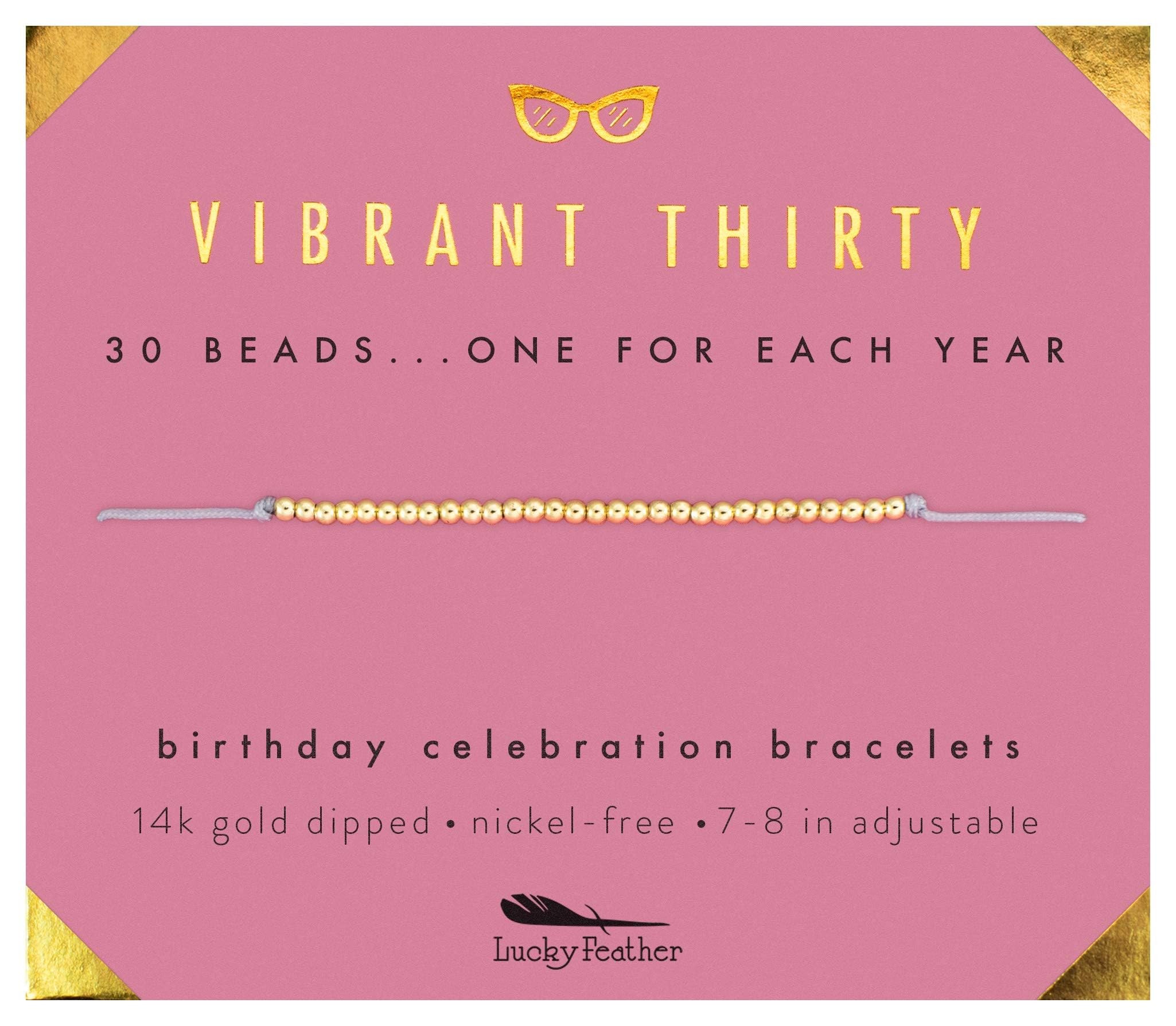 Lucky Feather 30th Birthday Gifts for Women; 30th Birthday Bracelet with 30 14K Gold Dipped Beads on Adjustable Cord; 30 Birthday Gift Ideas for Her