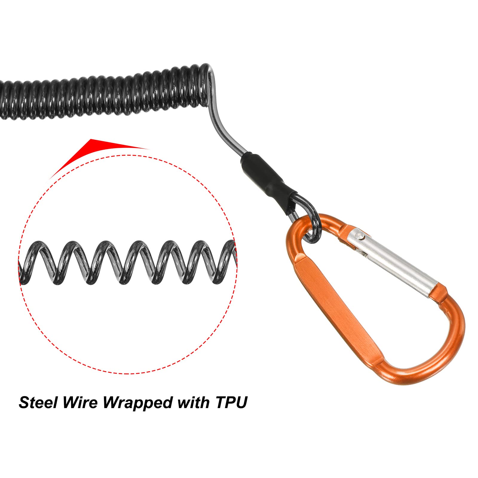 PATIKIL 4.9ft Fishing Tool Lanyard, 6 Pack Safety Cord Spiral Lanyard Tether Retractable with Orange Metal Clip Keychain for Boating Kayak, Clear Black