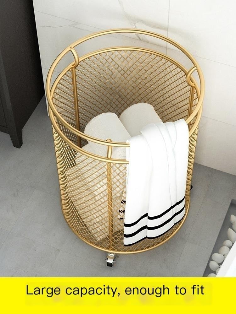 YDKJWB Metal Laundry Basket with Wheels, Round Mesh Dirty Clothes Hamper, Gold/Black/White Laundry Hamper, Storage Basket for Bathroom, Laundry Room, Living Room, Bedroom (Color : Gold)