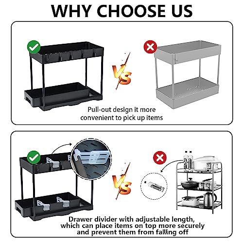 MZHSMZHR Bathroom Under Sink Organizers and Storage,Under Cabinet Organizer Kitchen, 2 Pack 2 Tier Under Counter Storage Shelves with Sliding Pull Out Drawer and Dividers, Black