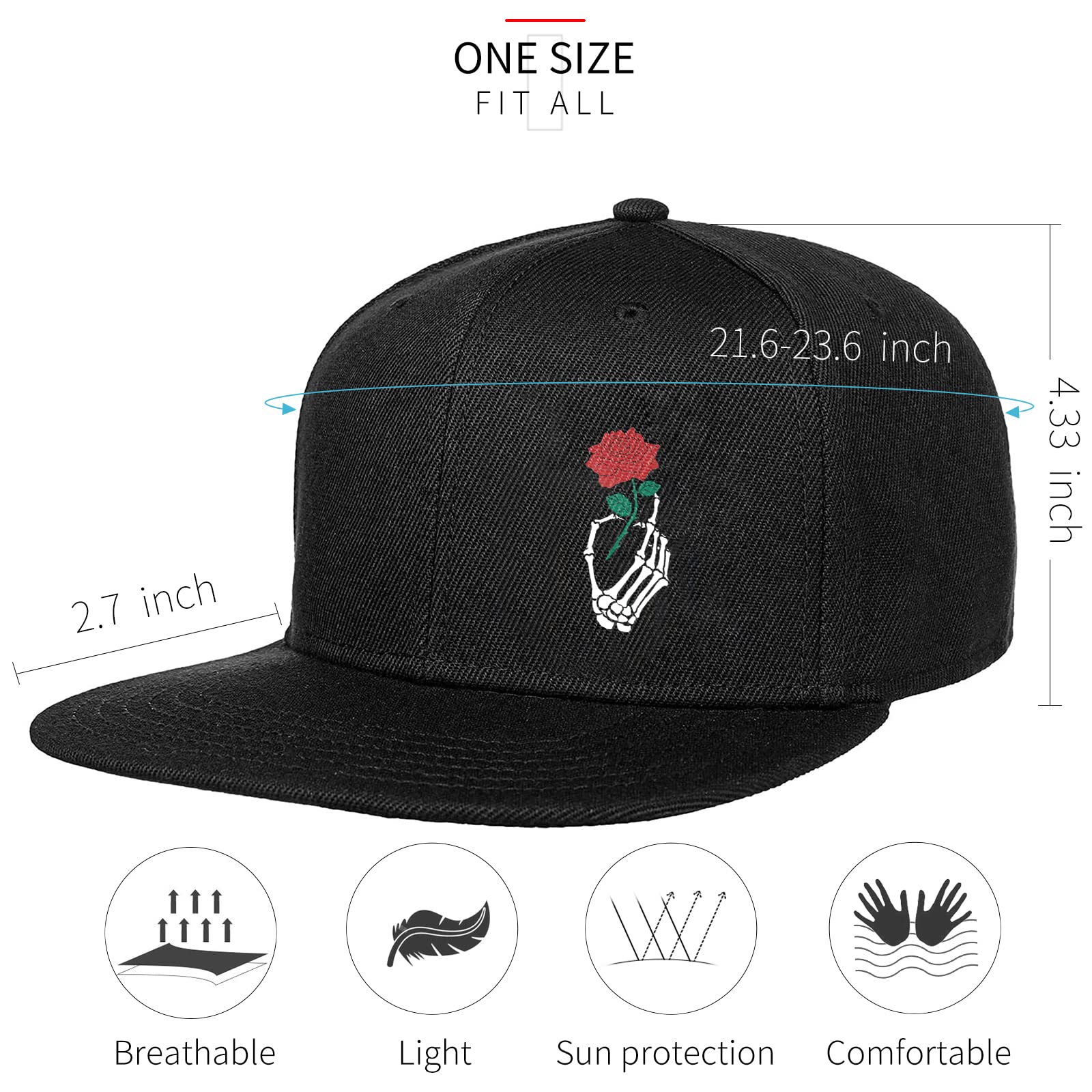 Negi Snapback Hats for Men Flat Bill Hats for Mens Snapback Hats Skull Decor Skeleton Trucker Hats Dad Fitted Black Adjustable Baseball Cap Gifts Husband