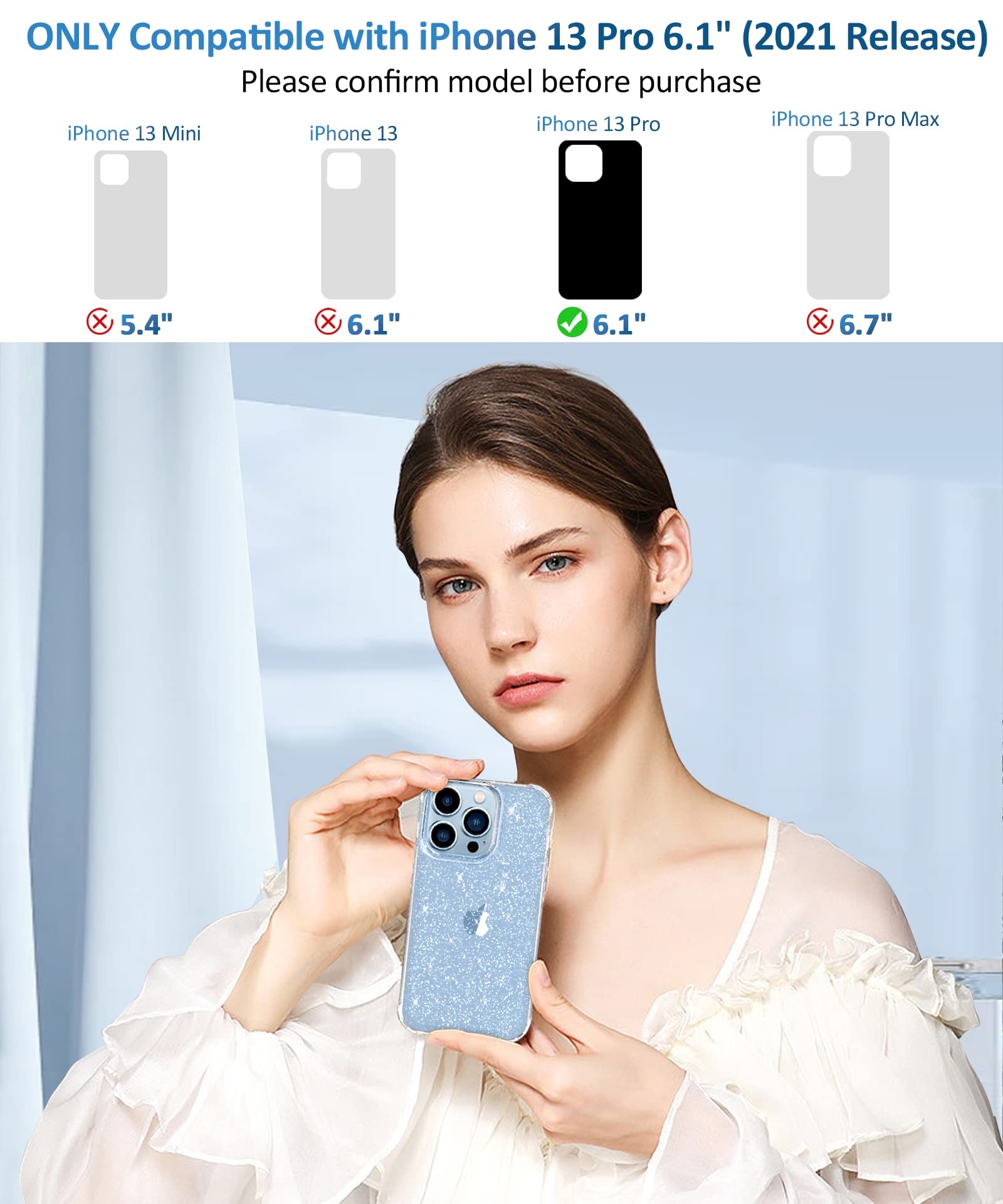 MIODIK for iPhone 13 Pro Case Clear Glitter, with Screen Protector + Camera Lens Protector, [Non-Yellowing] Crystal Women Girls Protective Shockproof Phone Case 6.1 inch - Sparkle Clear
