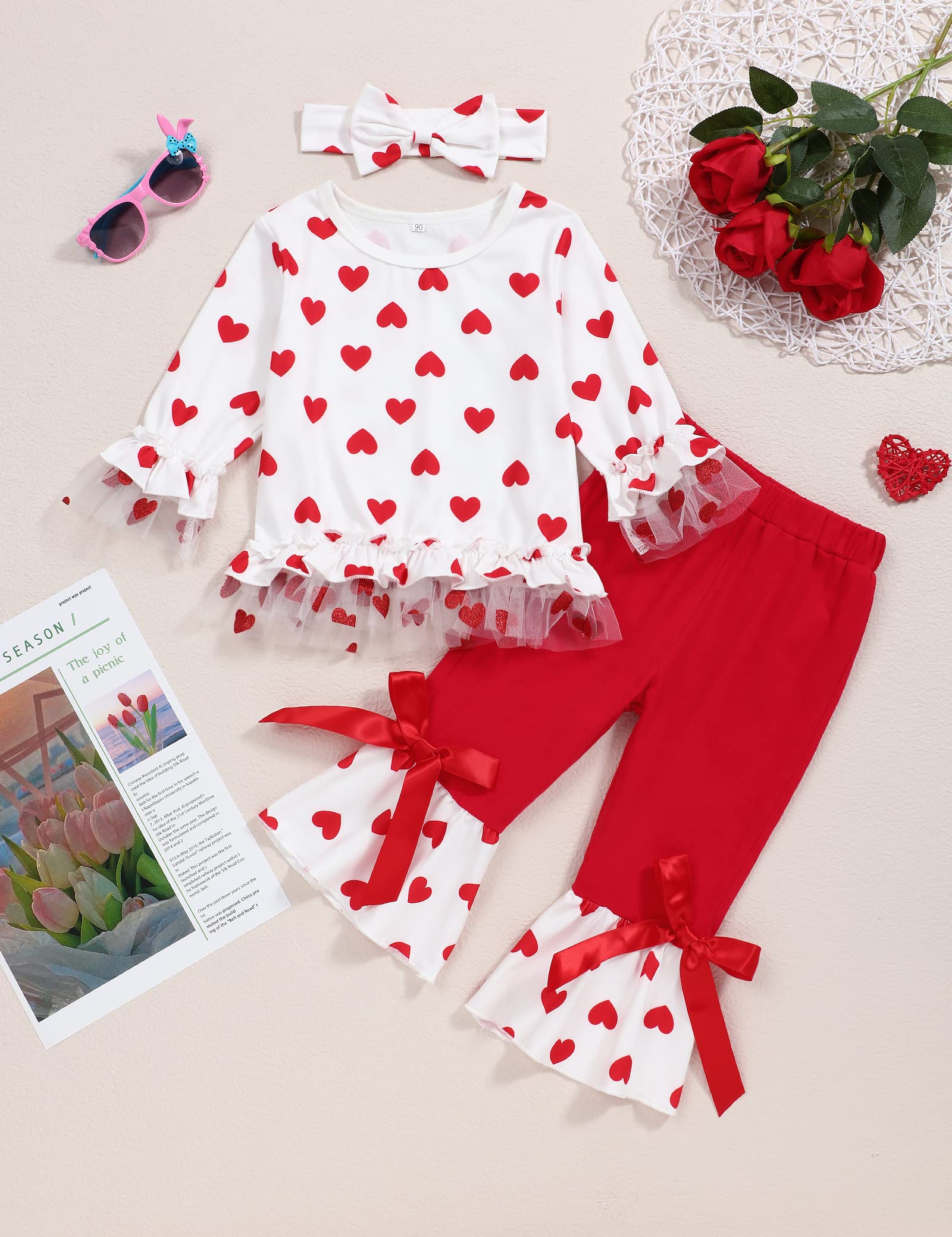 Toddler Baby Girl Valentine's Day Outfit Long Sleeve Ruffle Heart Printed Top Bell Bottom Pants Headband 3Pcs Set