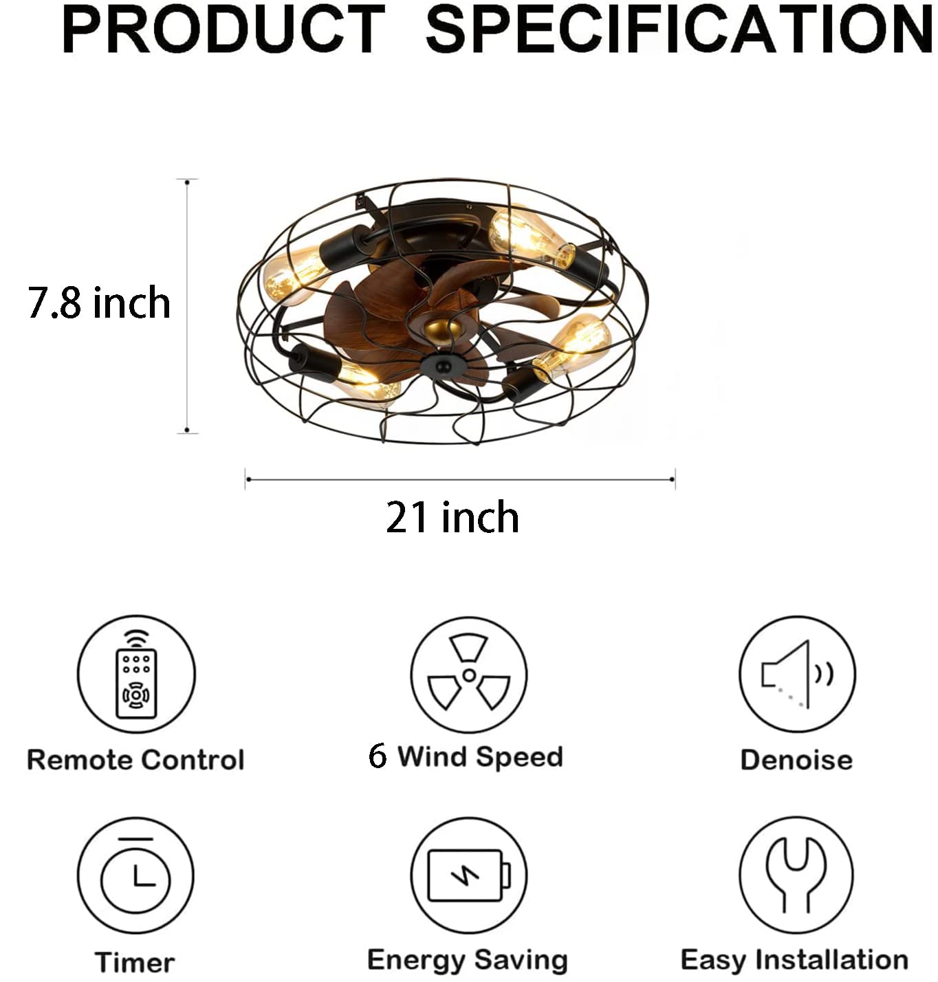 LEMAINET 21'' Caged Ceiling Fan with Lights Remote Control, Industrial Flush Mount Low Profile, Reversible Motor 6 Speeds 1-4 Timing, Farmhouse Bladeless (Black)