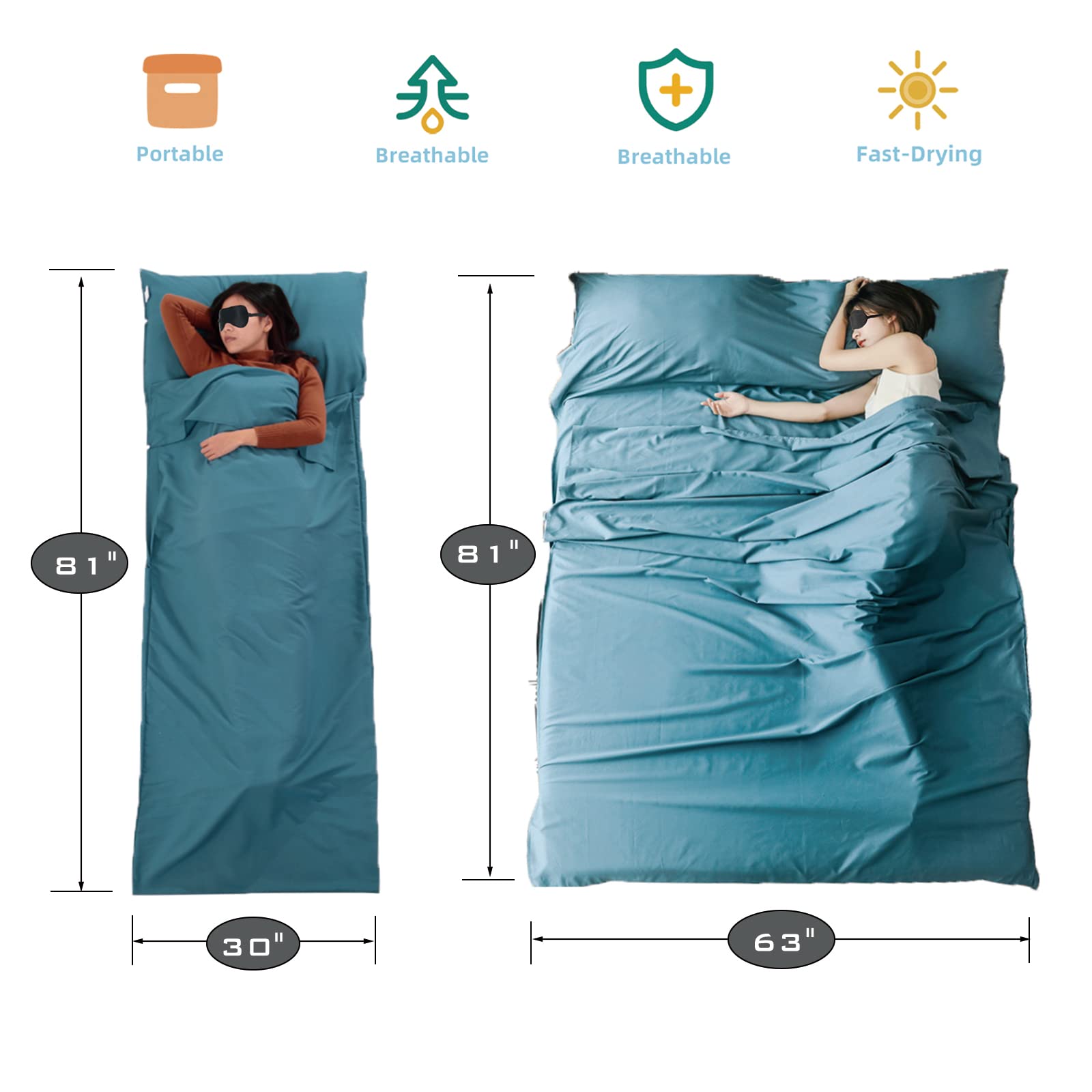 Nejoxma Outdoor Sleeping Bag Liner -Mystic Blue Camping & Travel Sheets & Sack for Adults & Teens Premium Soft Comfy & Easy Care Ultralight & Compact - Ideal for Backpacking Hiking Hotel Traveling