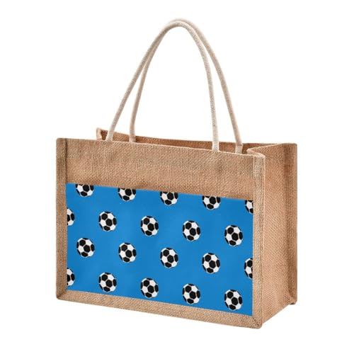 Jute Tote Burlap Bag Soccer Football Sports Blue Gift Bag Women DIY Work Grocery Storage Bag