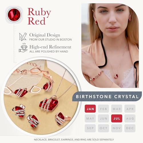 Leafael Wish Stone Pendant Necklace with Ruby Red Birthstone Crystal for January and July, 18K Rose Gold Plated, 18" + 2" Chain