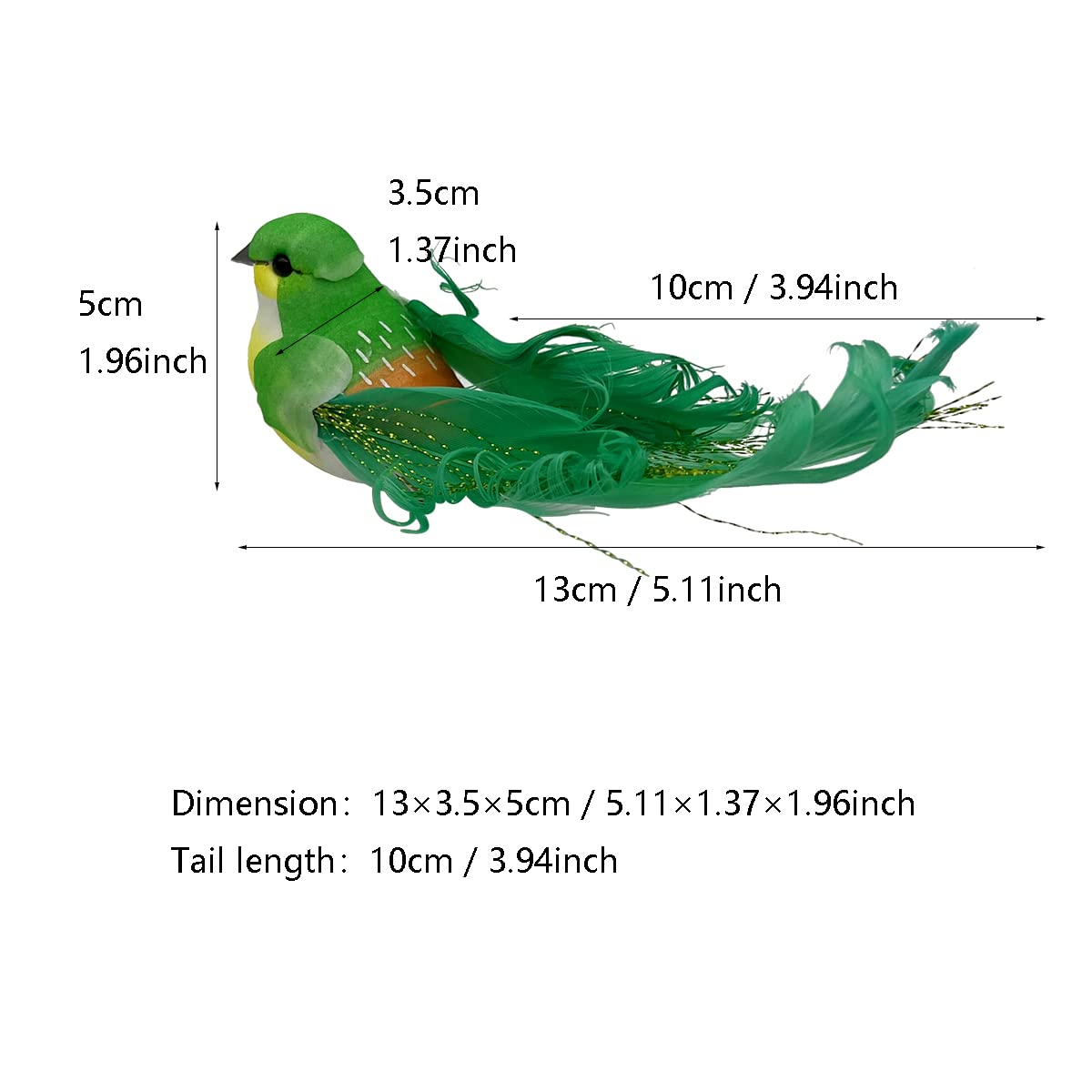 LWINGFLYER Artificial Simulation Foam Birds with Gold Wire Feather Tail Bird for Wedding Decoration Home Garden Ornaments Party Craft Accessories (5.1" BirdL008 w/Clip 6pcs)