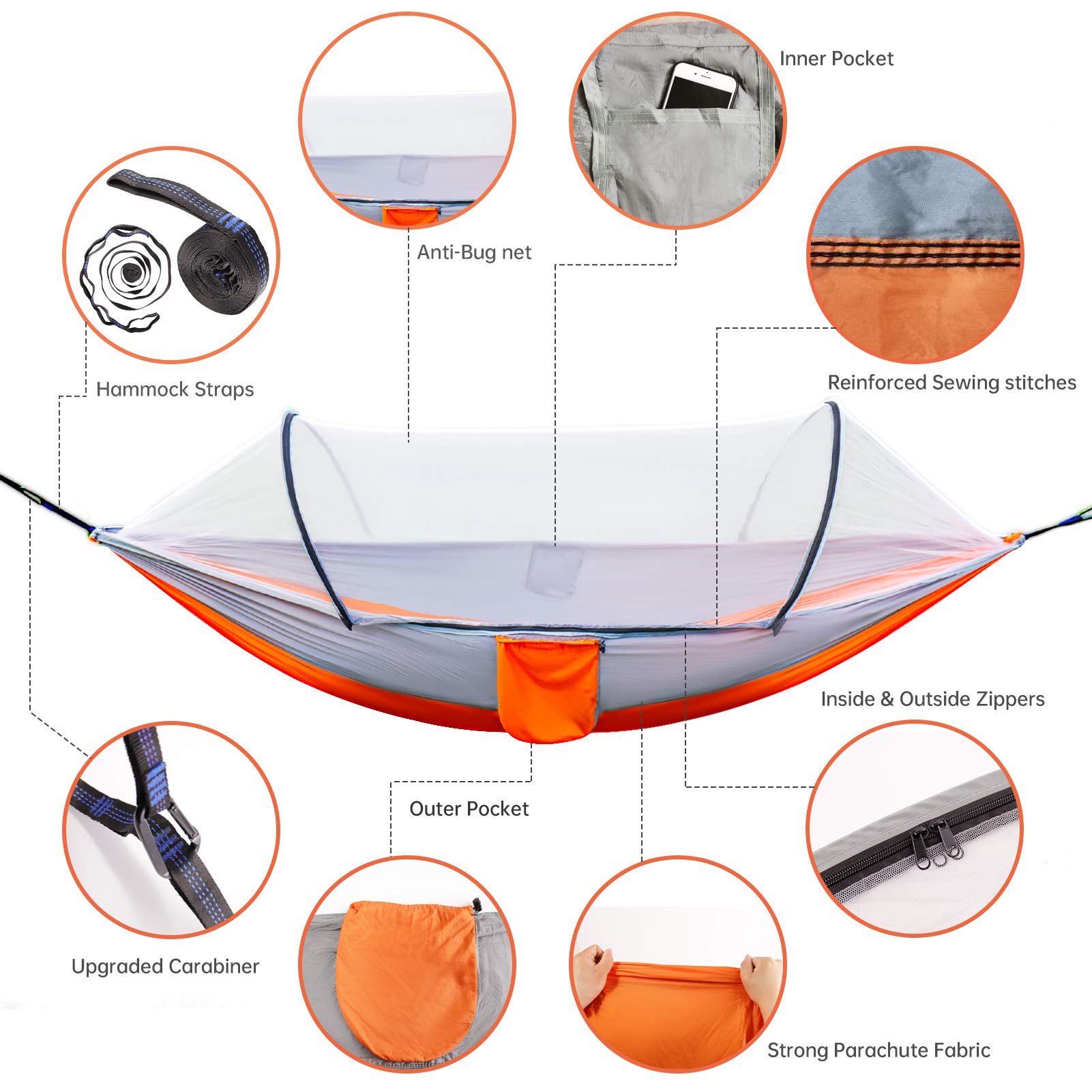 Large Camping Hammock with Mosquito Net, Lightweight Double & Single Hammock Tent for Camping Portable Travel Hammock Sturdy and 500lb Load-Bearing for Outdoor Hiking Backpacking Backyard Patio