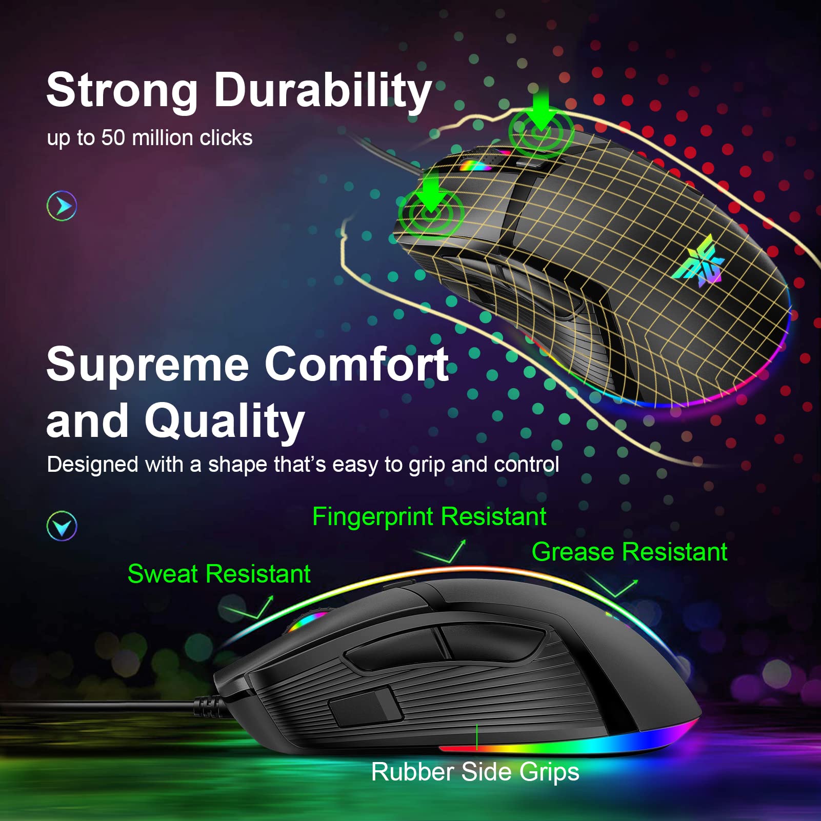 NPET M61 Gaming Mouse, 7200 DPI Optical Sensor, Chroma RGB Lighting, 7 Programmable Buttons, Anti-Slip Side Grips, Wired Mouse for FPS, MOBA, MMO