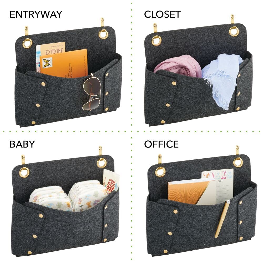 mDesign Soft Felt Over the Door Hanging Storage Organizer for Closets in Bedrooms, Hallway, Entryway, Mudroom - Hooks Included - Textured Print, 2 Pack - Dark Gray/Gold