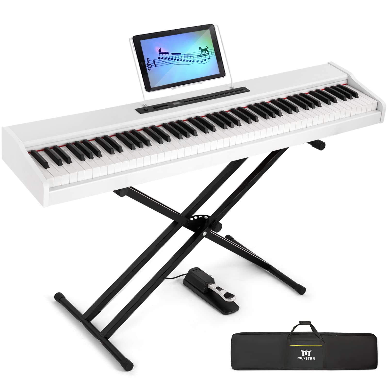 Mustar 88-Key Electronic Digital Piano, Semi Weighted Keys, MDF, Double tube Stand, MIDI USB, Sustain Pedal, Storage Bag, Power Supply, Built-in speaker (White)