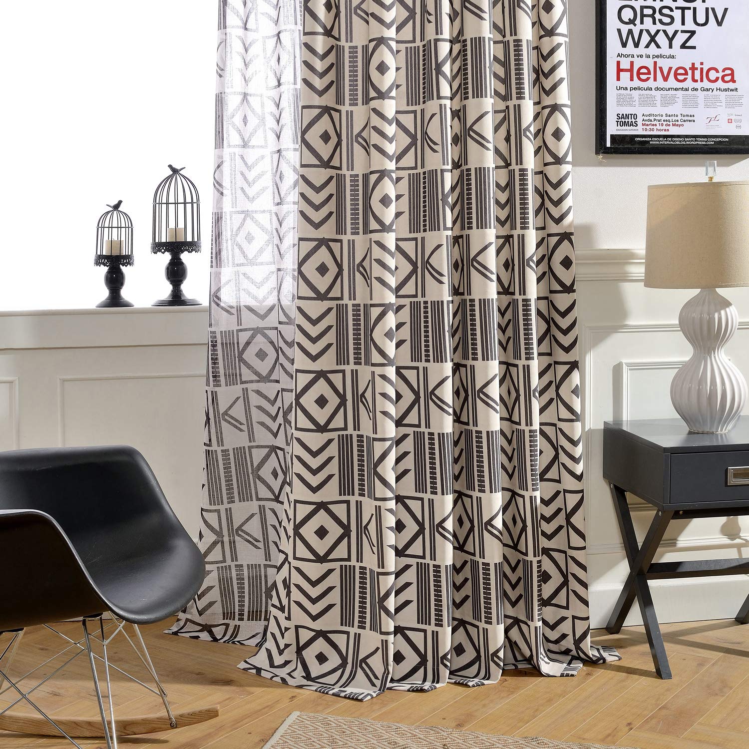 Melodieux Black Geometric Style Room Darkening Grommet Curtains for Living Room Dining Room Bedroom, 52 by 84 Inch, 2 Panels
