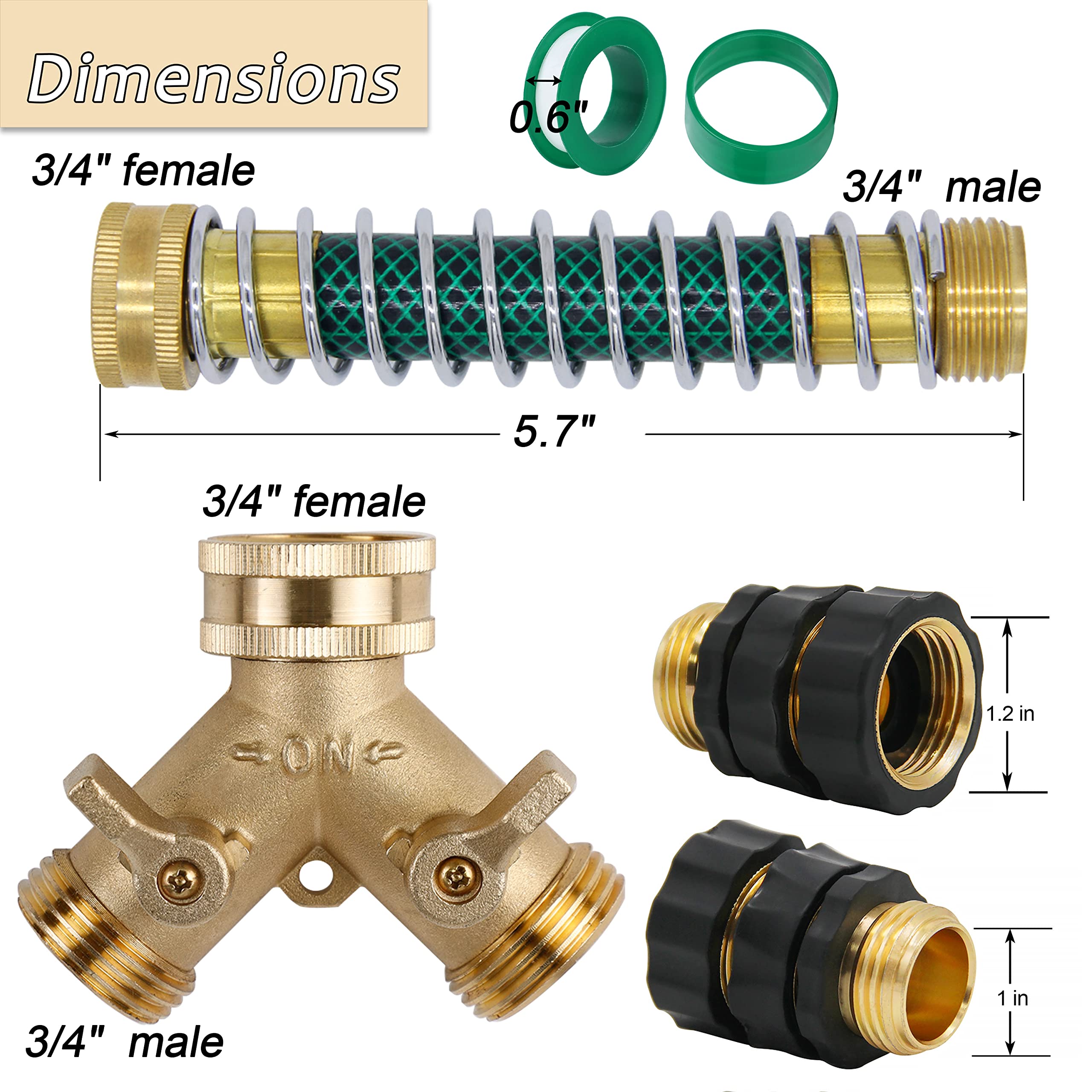 Triumpeek 2 Way Garden Hose Splitter, 3/4" Garden Hose Fitting Quick Connectors Female and Male, Hose Extension Adapter with Coil Spring Protector, 6 Rubber Washers & 1 Teflon Tape