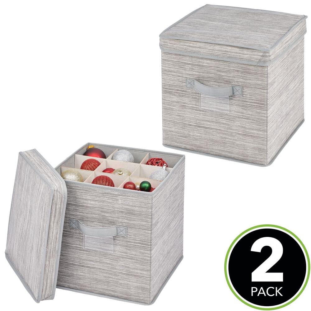 mDesign Square Gift-Wrap and Ornament Storage Box with Handles, Holder Container for Christmas and Holiday Decorations - Removable Lid, Closet and Cubby Storage Totes, 2 Pack - Stripe - Taupe/Tan