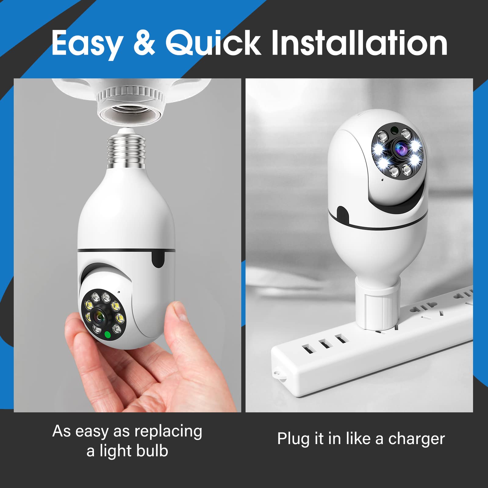 Light Bulb Security Camera Indoor Wireless, 360° Pan/Tilt Panoramic IP Camera, Support 2.4GHz Wi-Fi Surveillance Cam 3MP 1080P HD Night Vision Auto Tracking Alarm Two-Way Audio E27(Not 5GHZ WiFi)